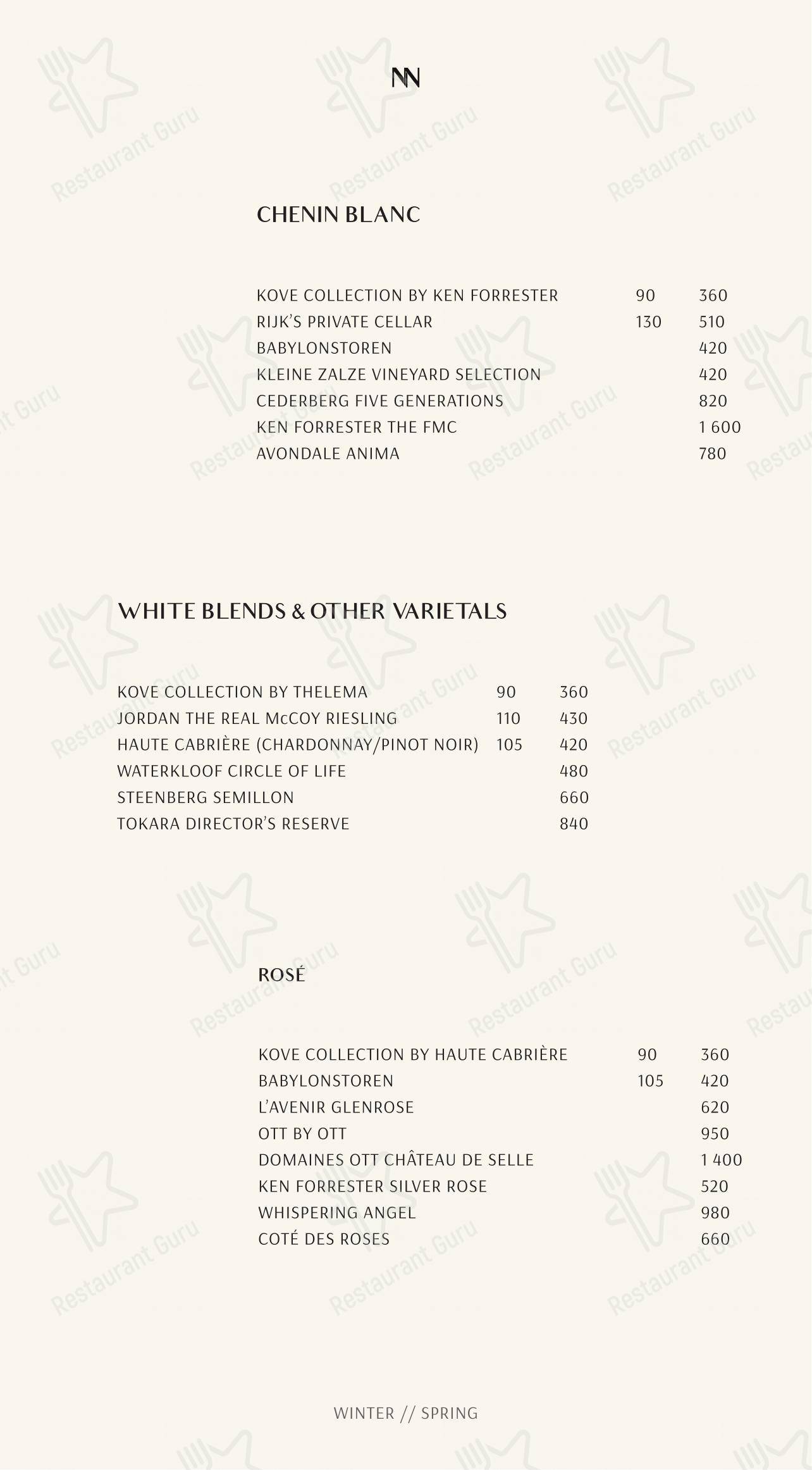 Menu at The Nines restaurant, Cape Town
