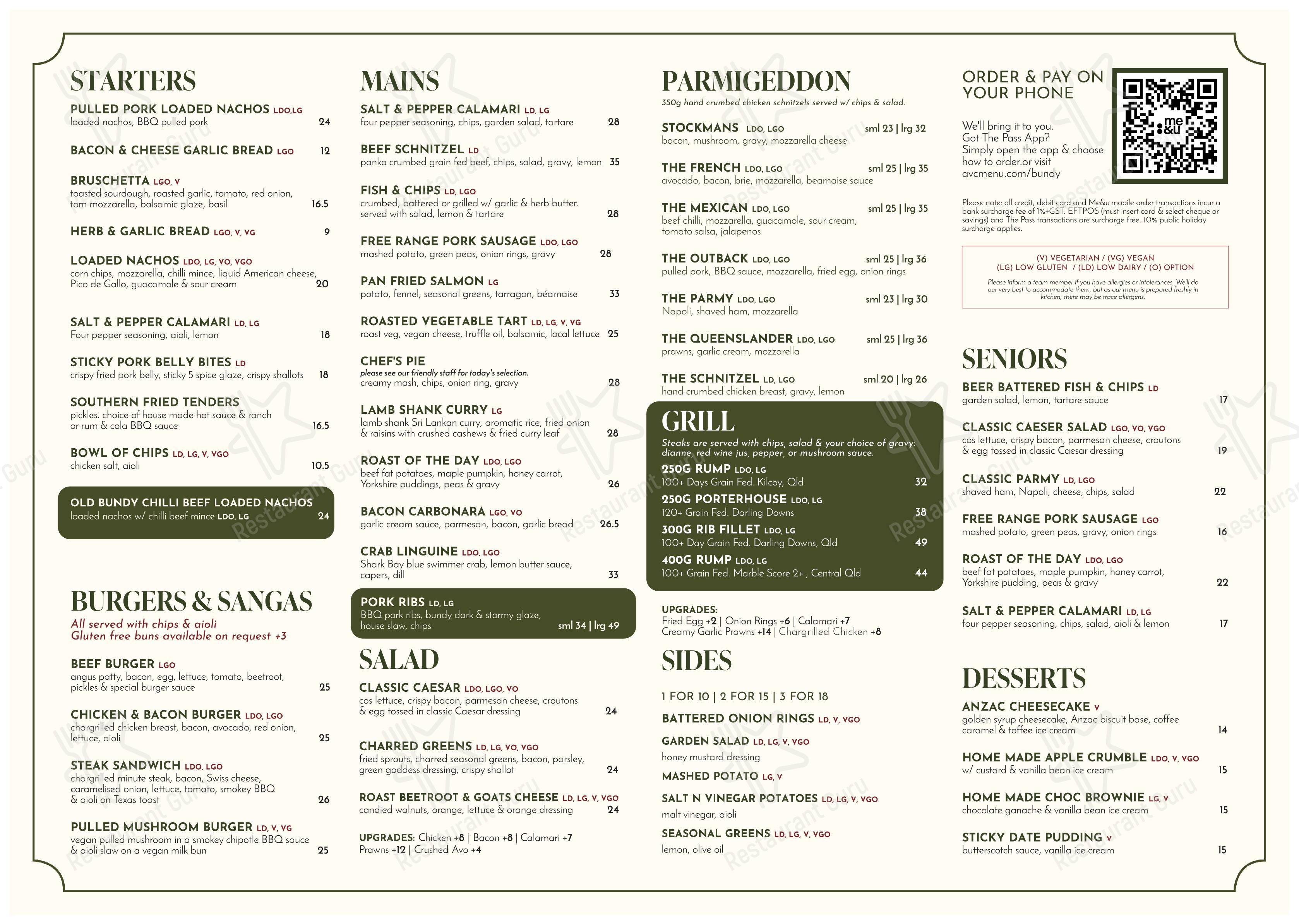 Menu at The Old Bundy Tavern pub & bar, Bundaberg Central, 20 Quay St