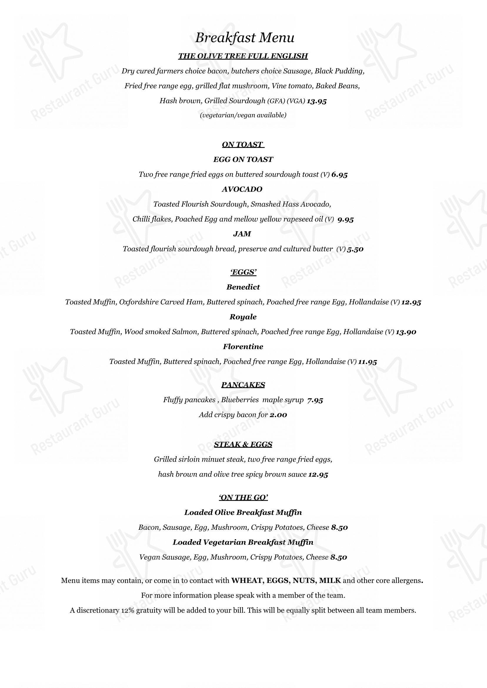 Menu at The Olive Tree At The Plough, Bicester pub & bar, Bicester, 63 ...