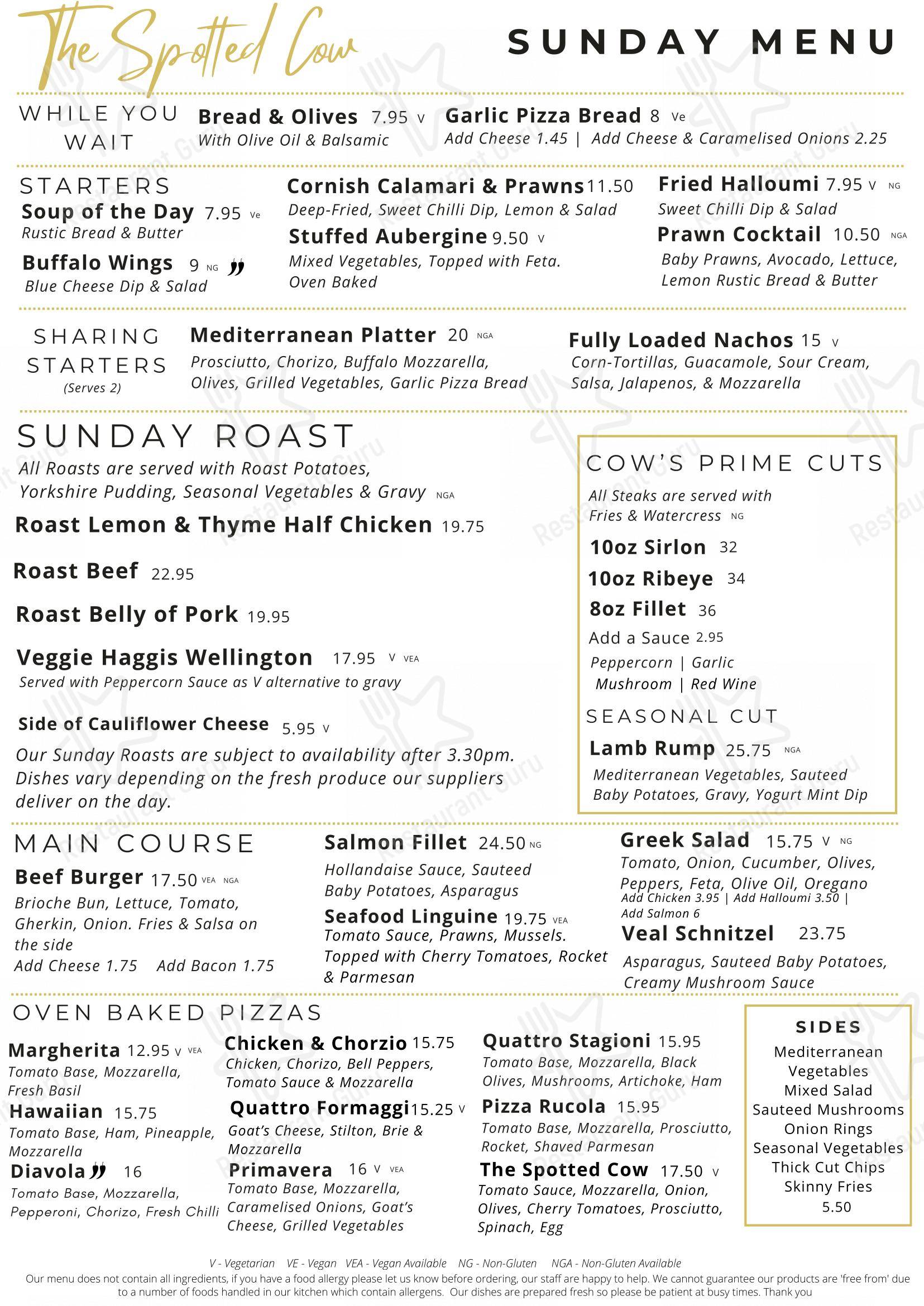 Menu at The Spotted Cow pub & bar, Farnham, The Spotted Cow