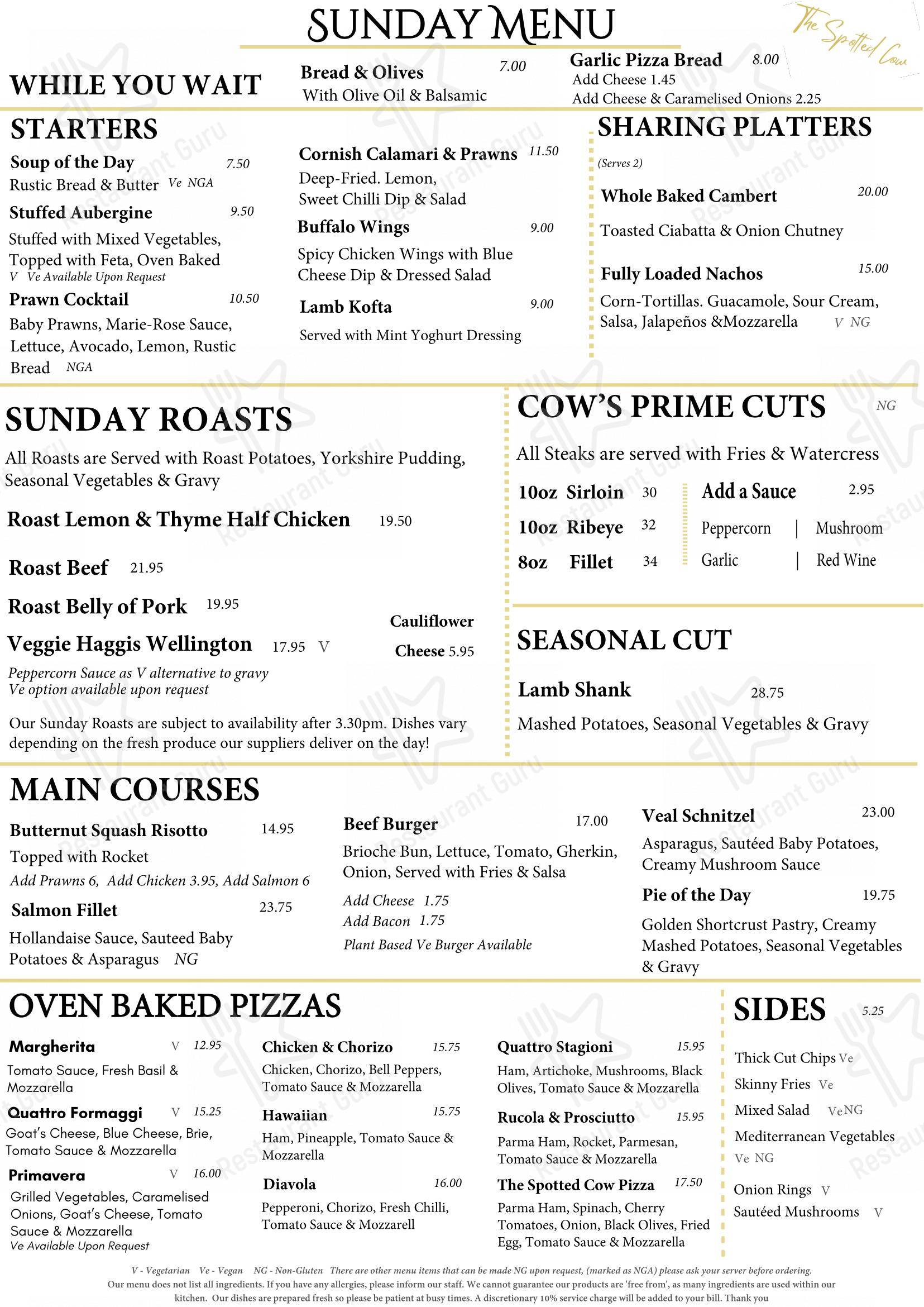 Menu at The Spotted Cow pub & bar, Farnham, The Spotted Cow