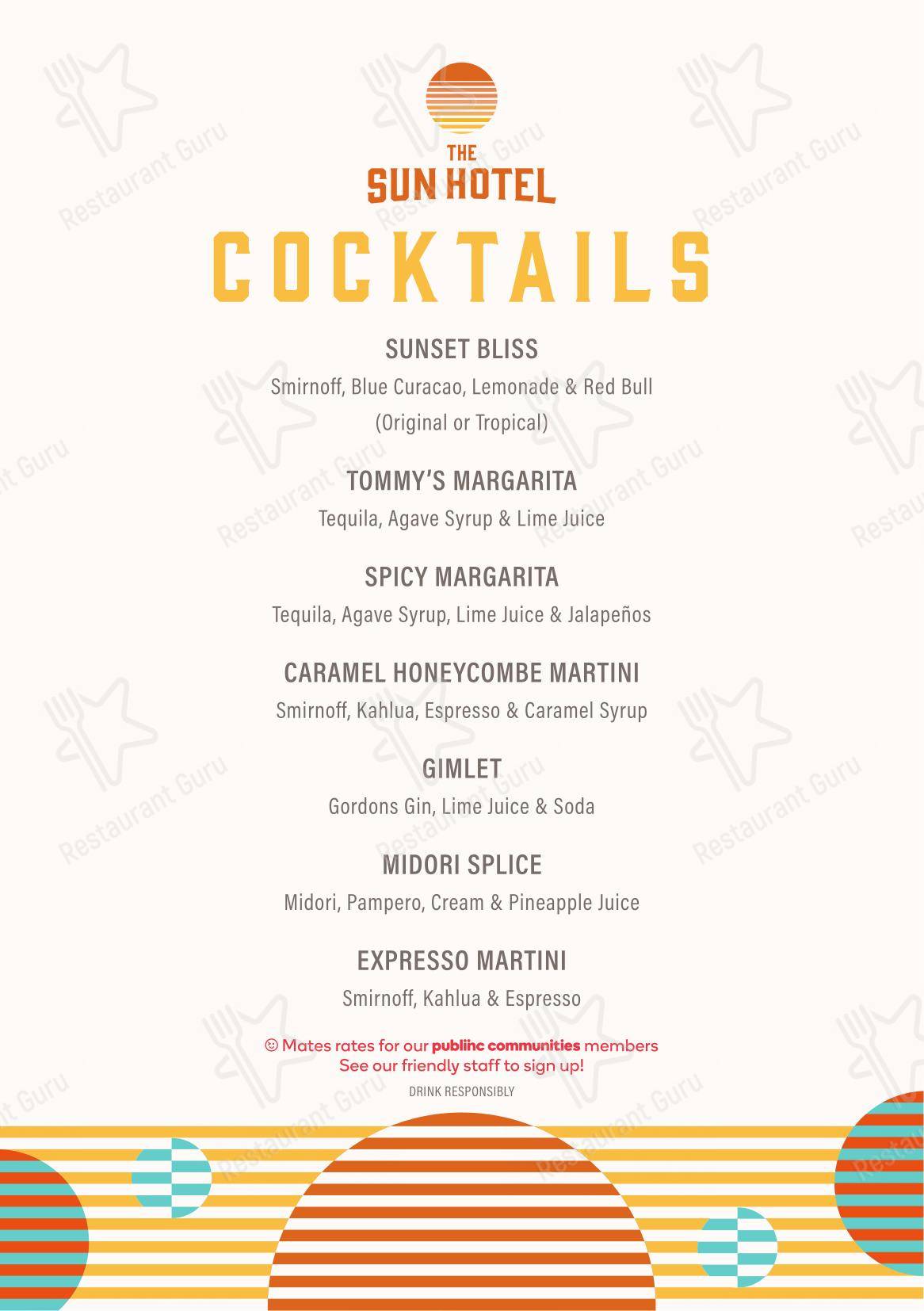 Menu at The Sun Hotel restaurant, Mundingburra