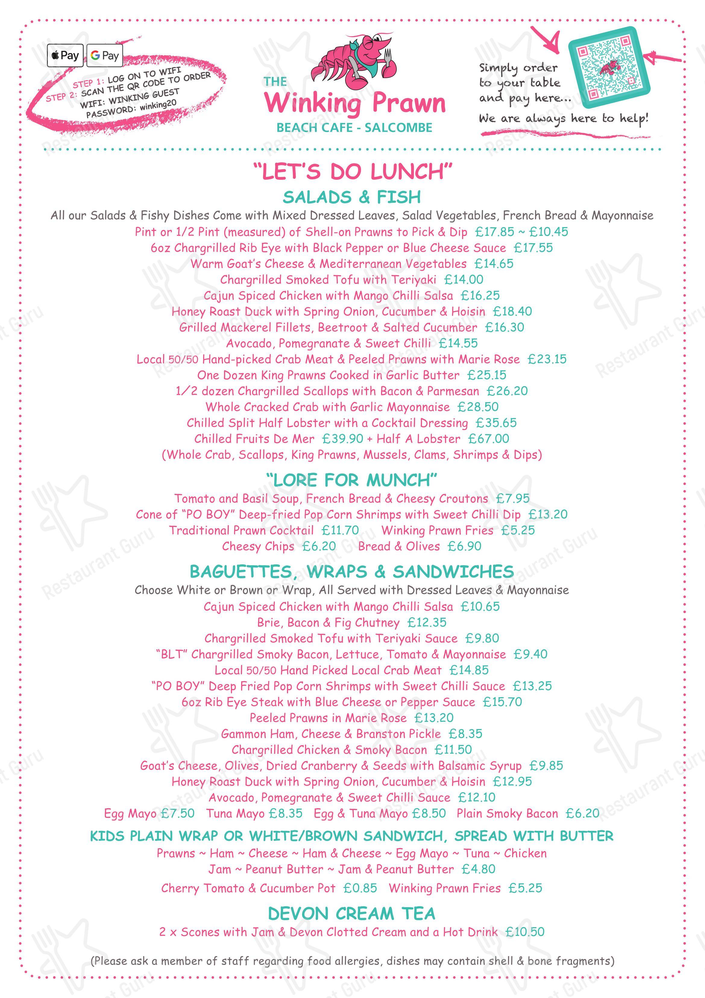 Menu at The Winking Prawn restaurant, Salcombe