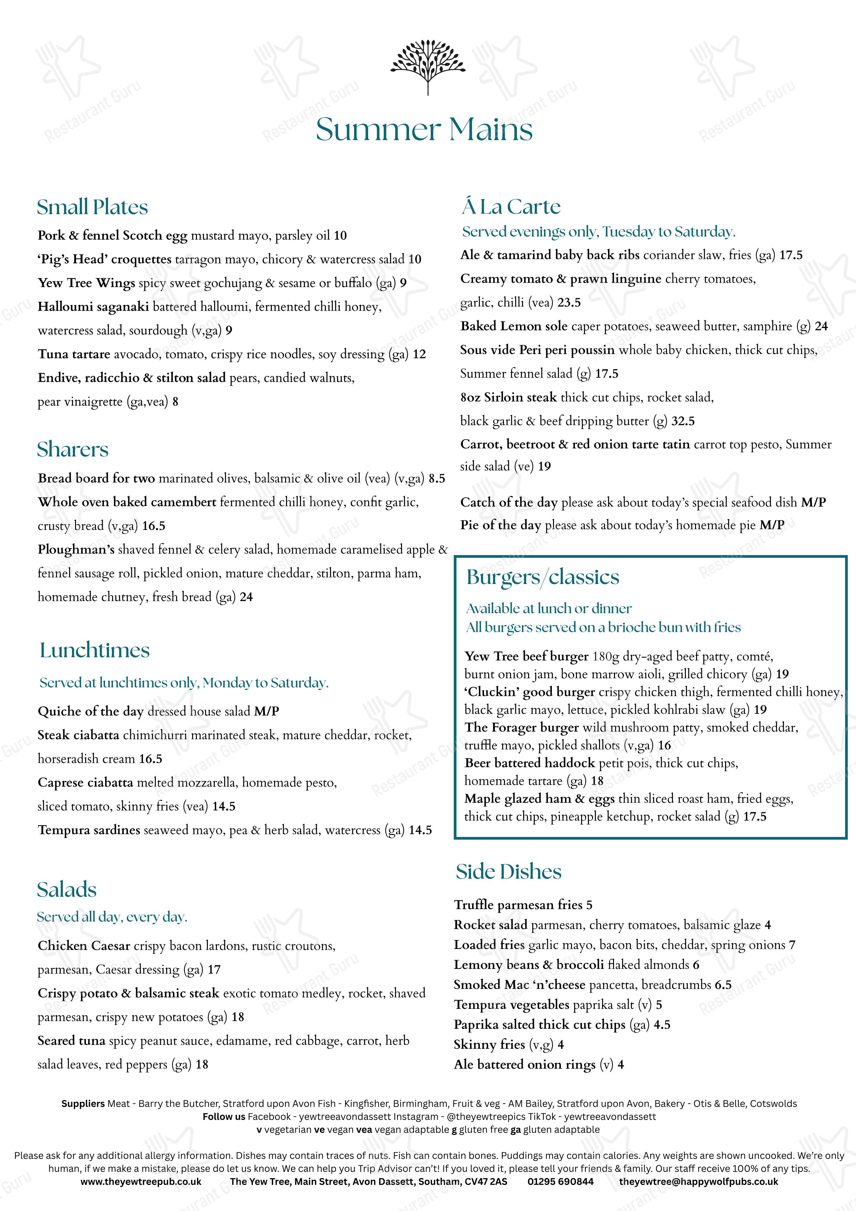 Menu at The Yew Tree pub & bar, Avon Dassett