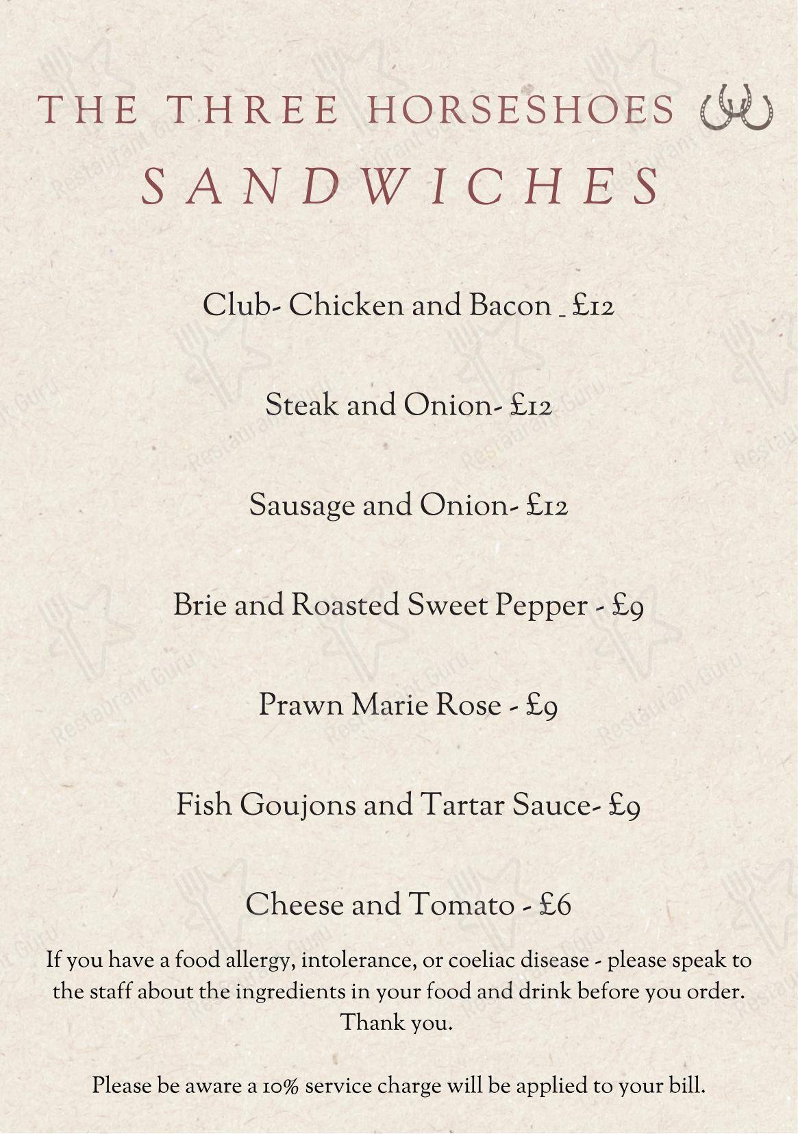 Menu at Three Horseshoes pub & bar, Henley-on-Thames