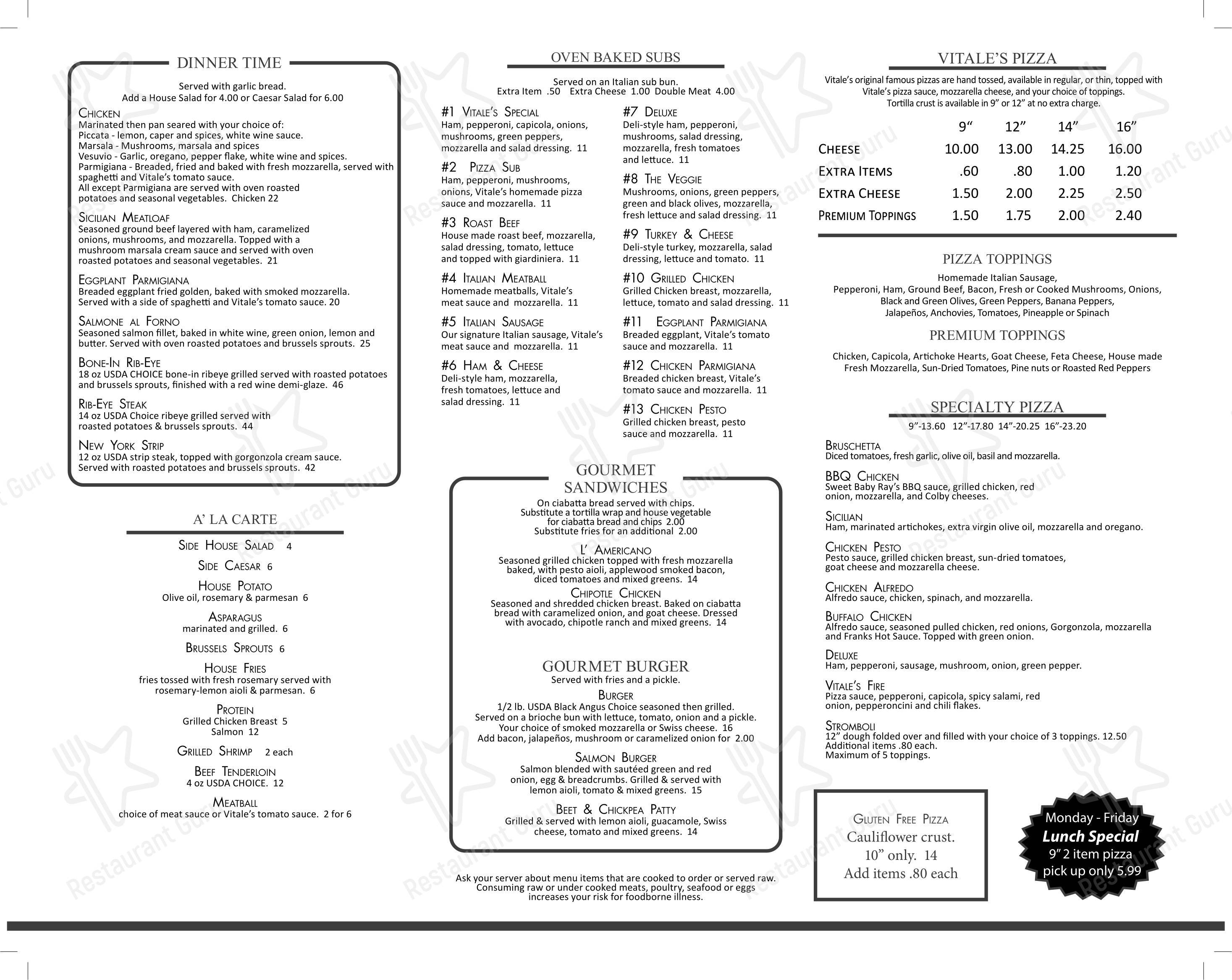 Menu at Vitale's of Ada pub & bar, Ada