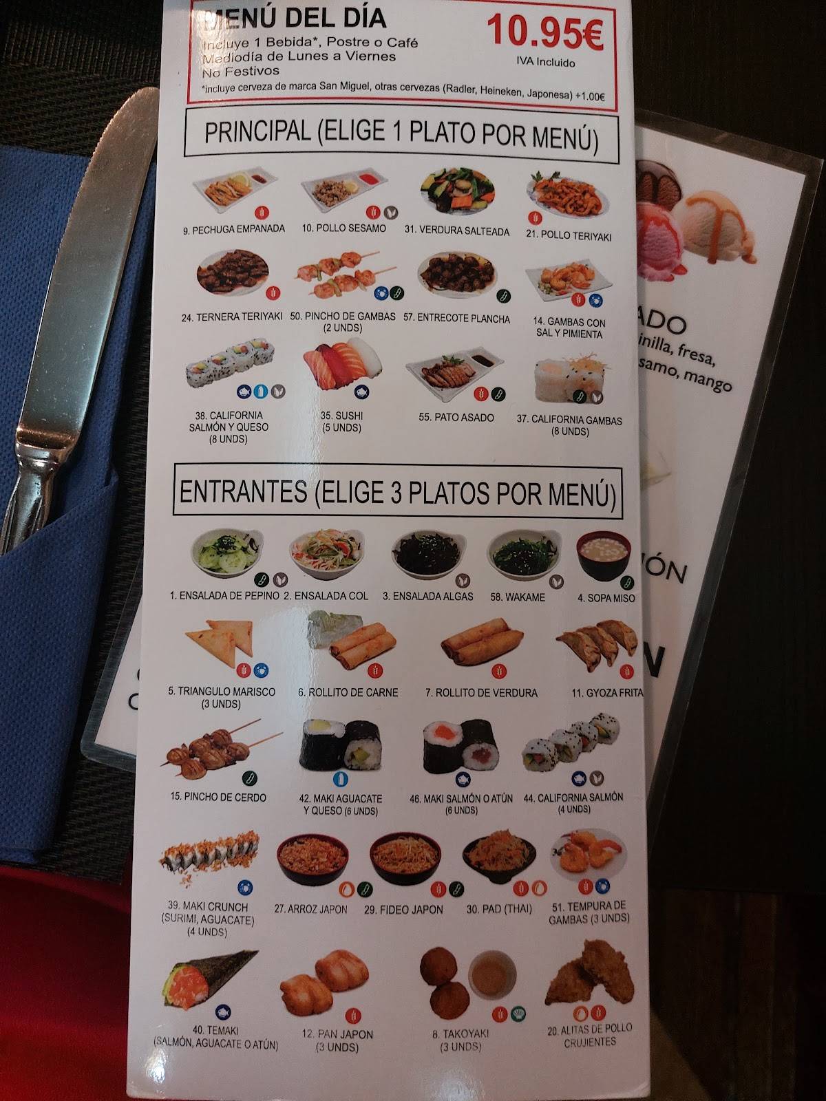 Carta de restaurante japones KOBE, Valencia