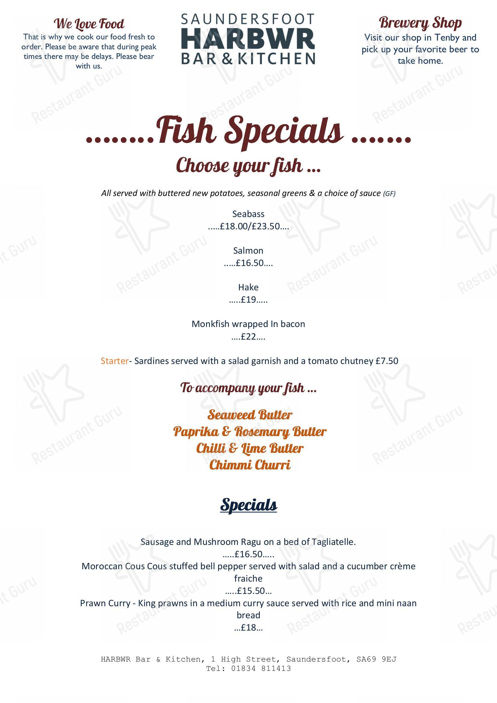 Menu at HARBWR Bar & Kitchen, Saundersfoot