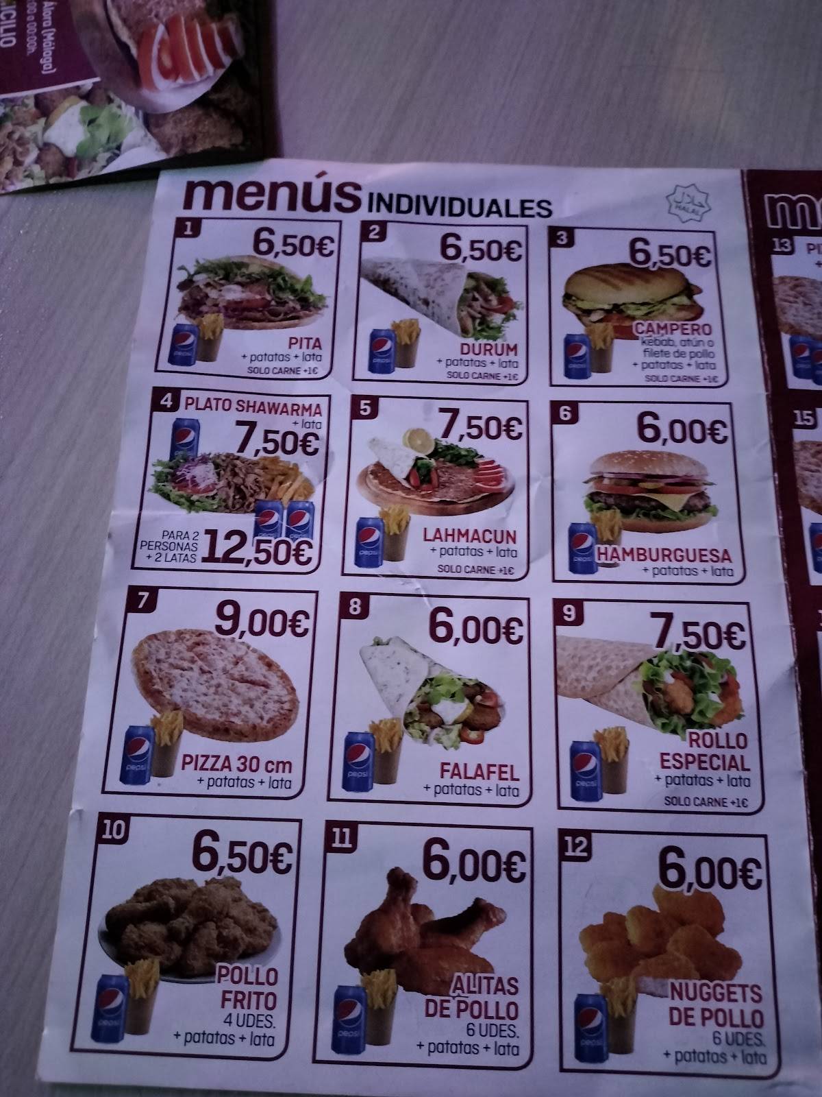 Carta del restaurante shafra rey doner kebab, Álora
