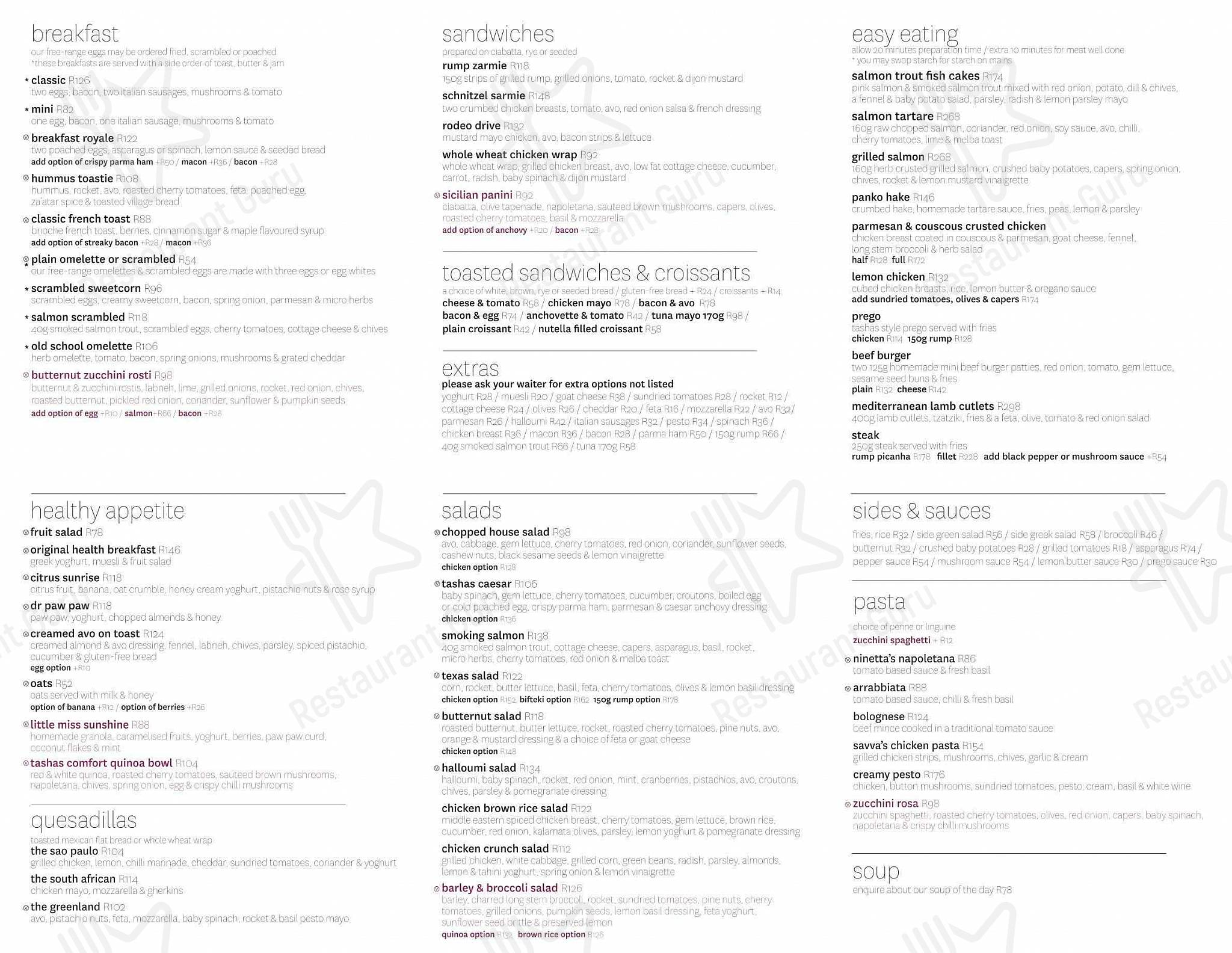 Menu at tashas cafe, Durban, Shop 639