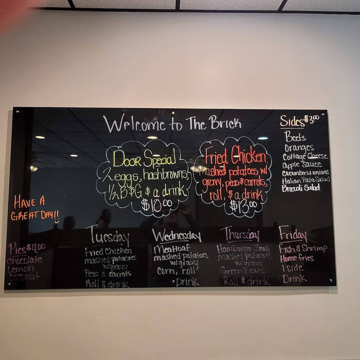 Menu at the Brick restaurant, Moberly
