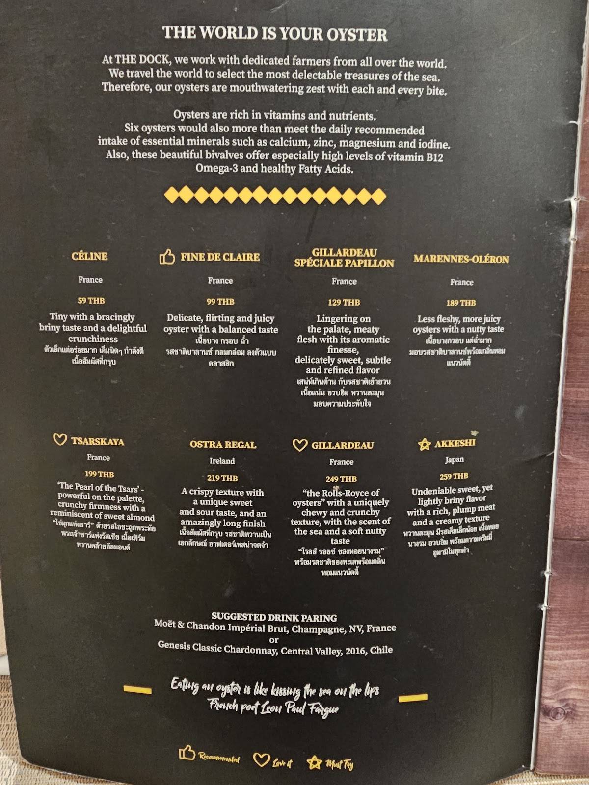 Menu at the DOCK Emquartier restaurant, Bangkok
