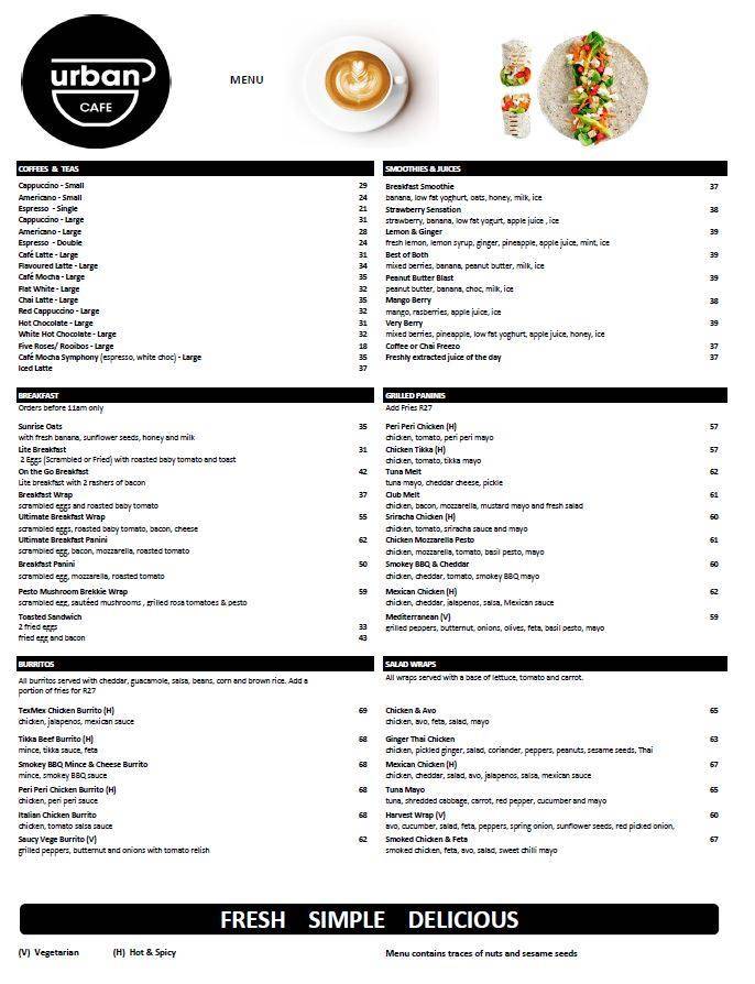 Menu at urban CAFE, Durban, 1st Floor