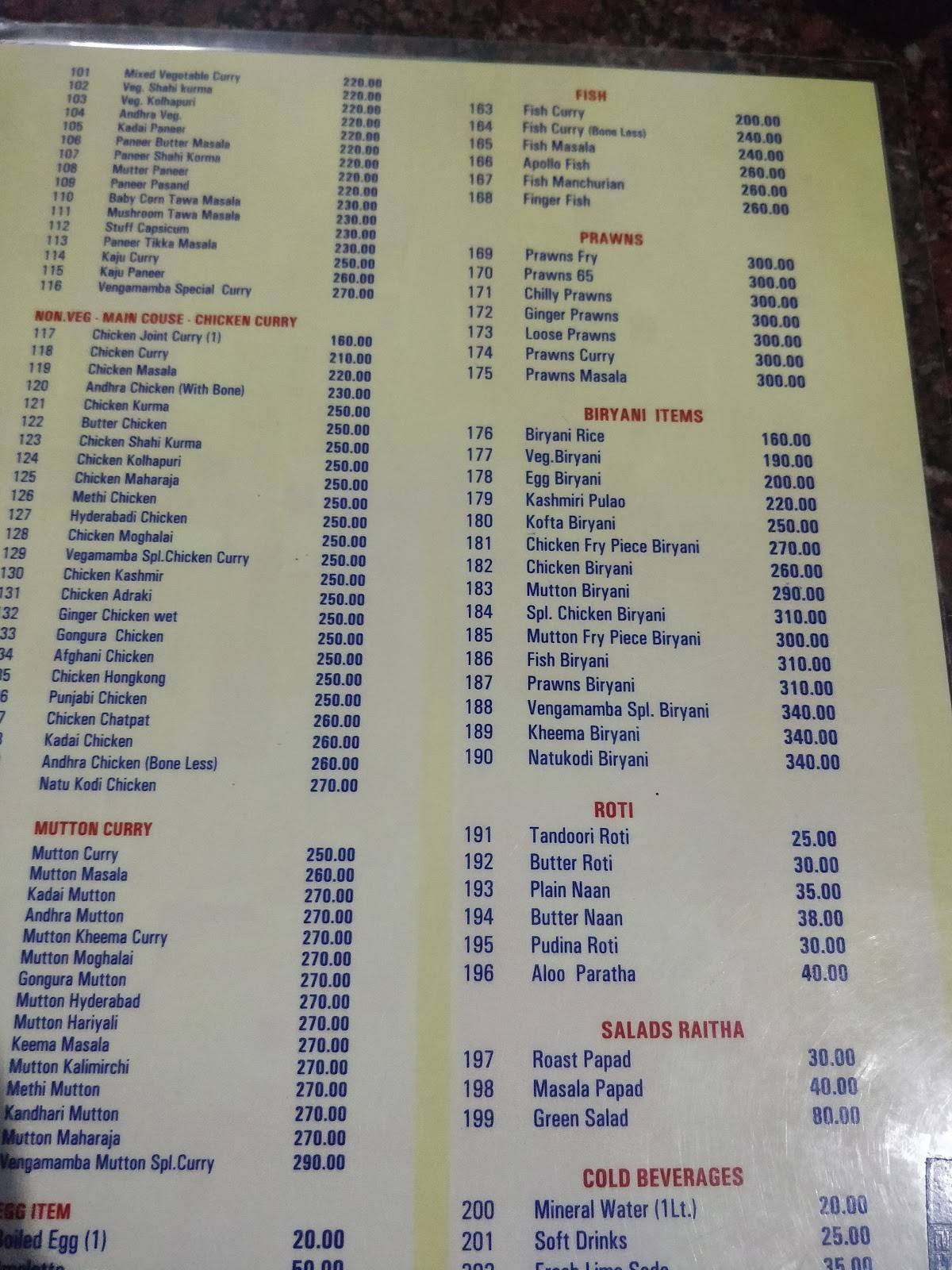 Menu at Sri Vengamamba Family Restaurant, Hyderabad, 796P+29V