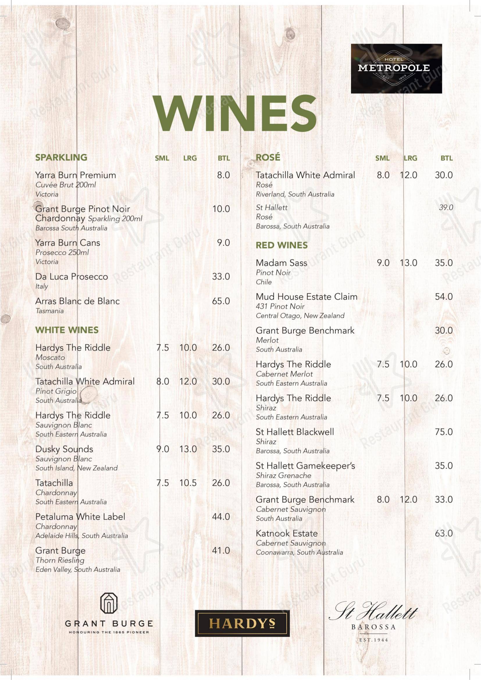 Menu at Hotel Metropole Lismore pub & bar, Lismore