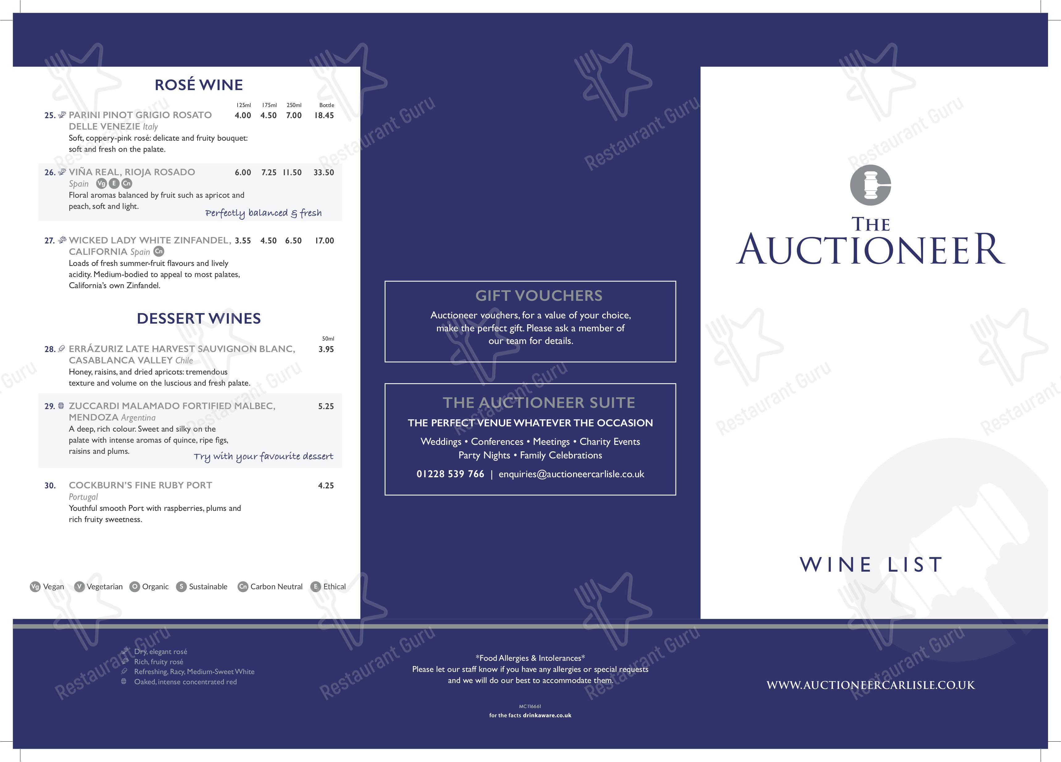 Menu at The Auctioneer restaurant, Carlisle