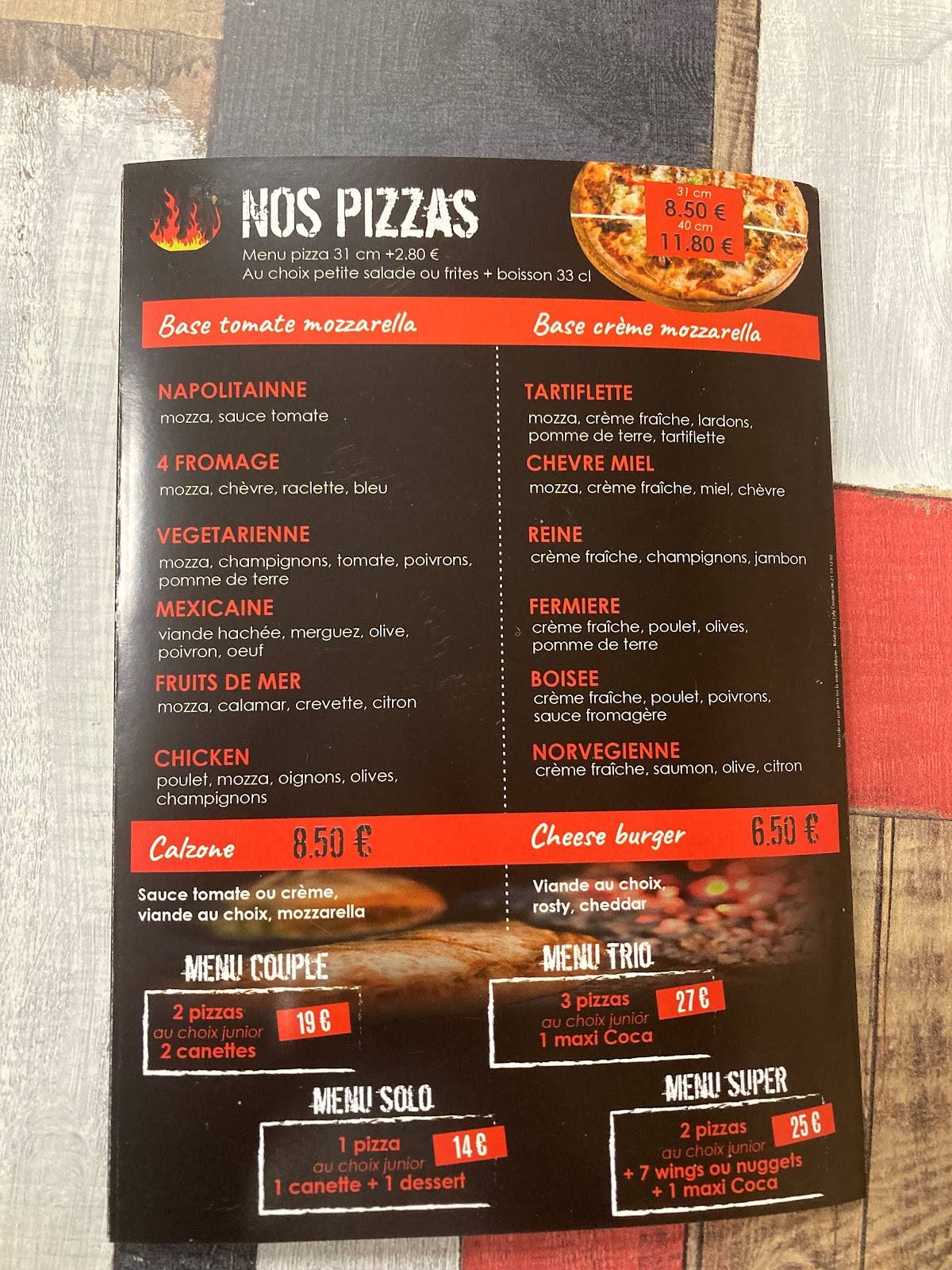 Menu au wood fired pizza restaurant, Montceau-les-Mines