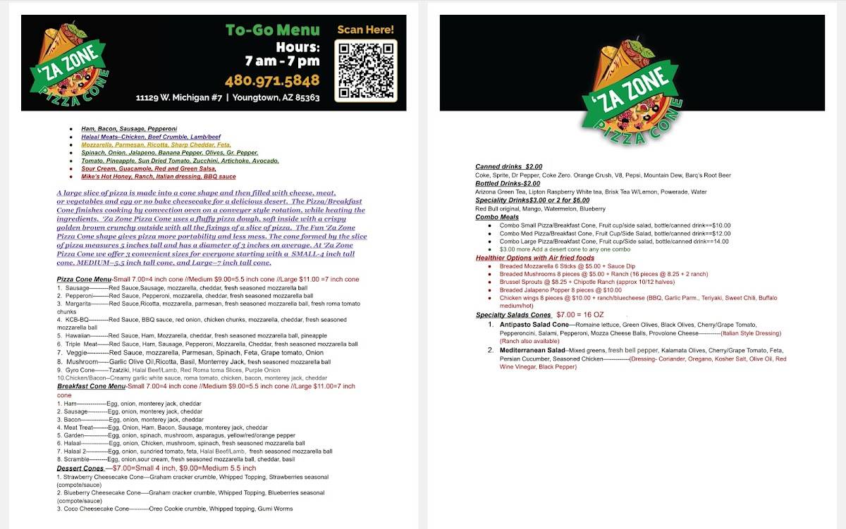 Menu at za zone pizza cone restaurant, Youngtown