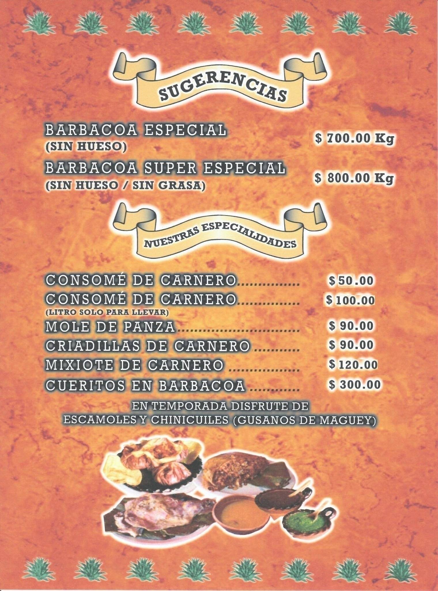 Menu at Barbacoa Platillos Típicos la Excelencia de Hidalgo, Puebla City