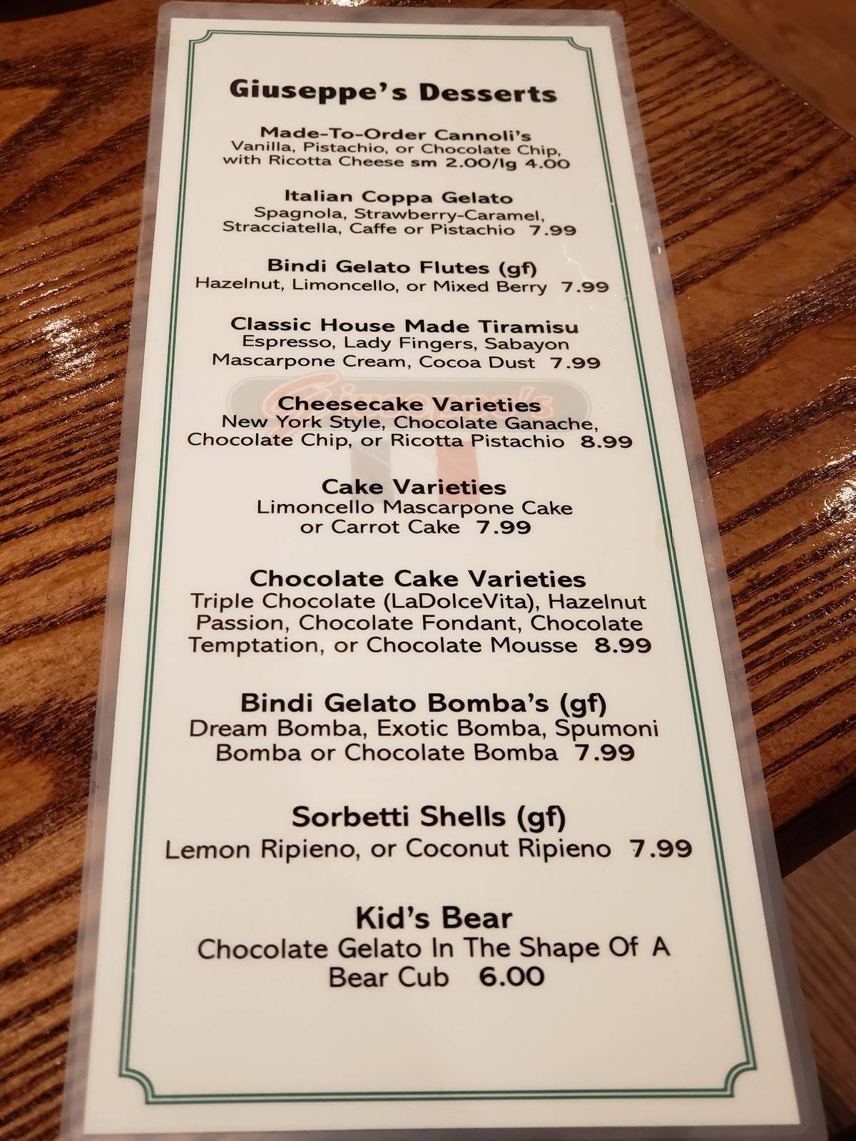 Menu at Giuseppes restaurant, Beverly