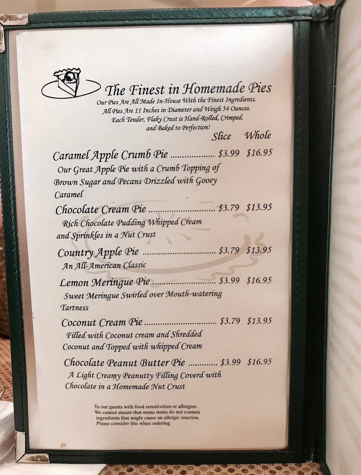 Menu at Bingham's restaurant, USA