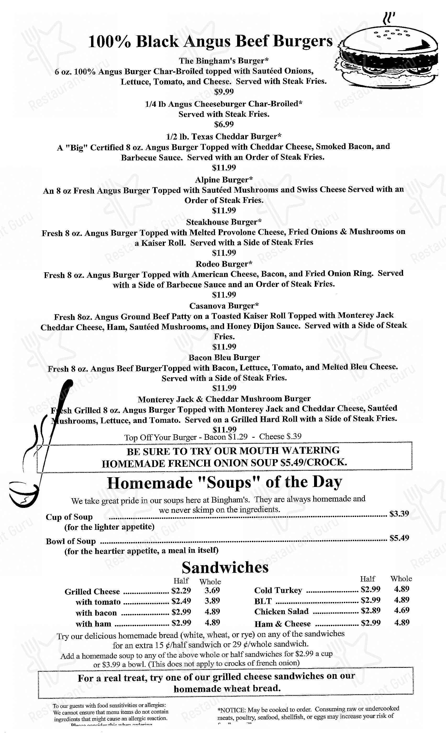 Menu at Bingham's restaurant, USA