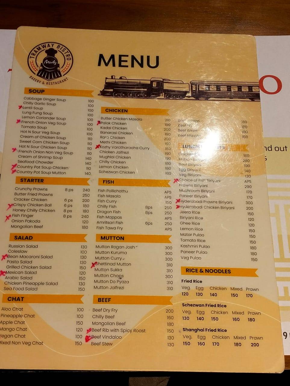 Menu at MODY TRAMWAY BISTRO, Chalakudy