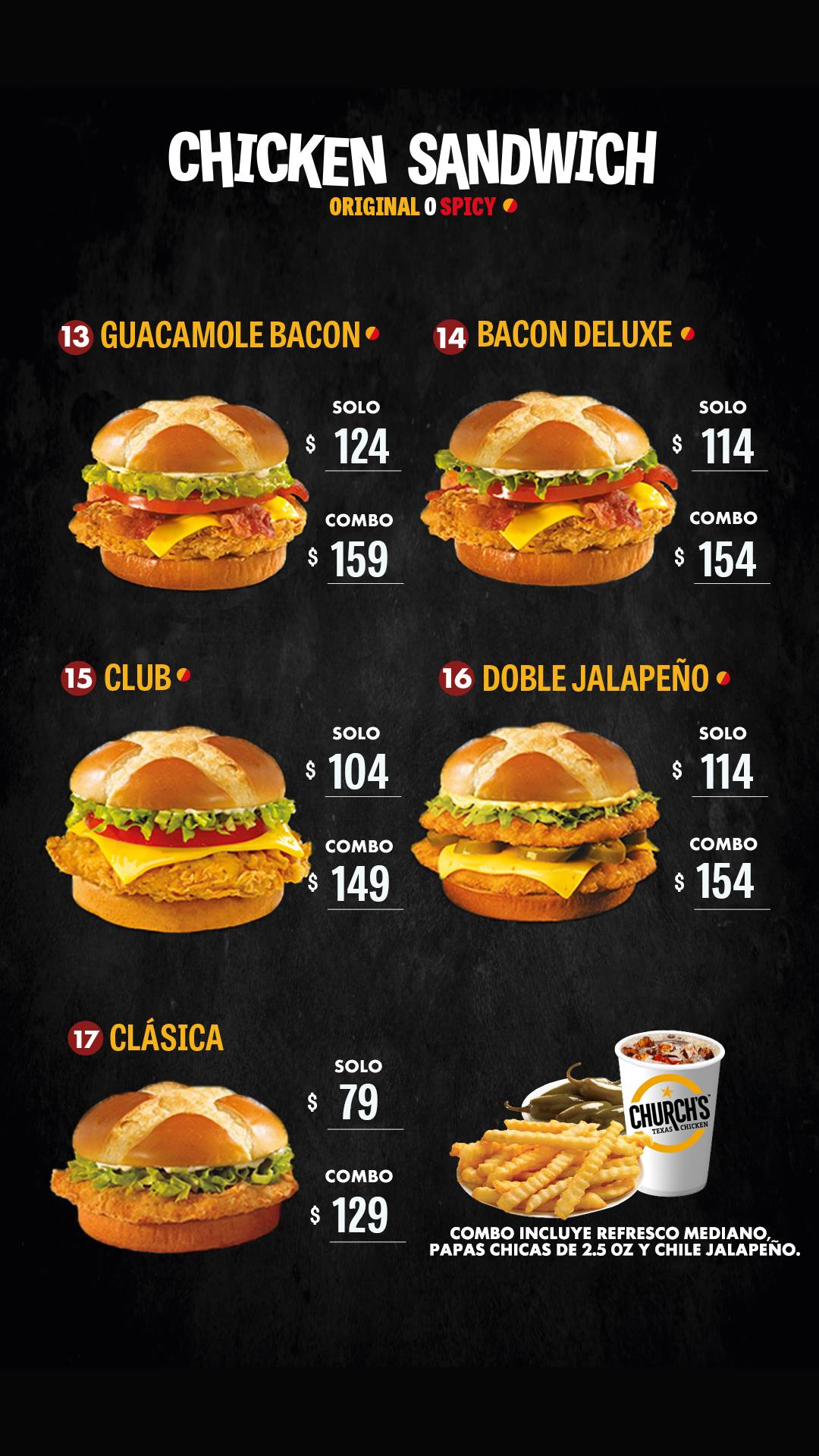 Menu at Church's Chicken Lourdes restaurant, Saltillo