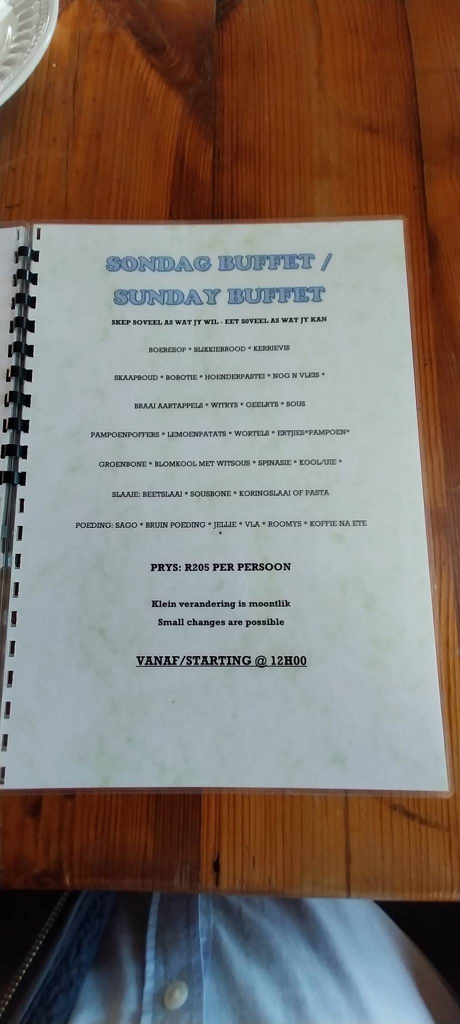 Menu at Hokaai Boerekos restaurant, South Africa