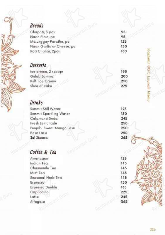 Menu at Kashmir BGC restaurant, Taguig