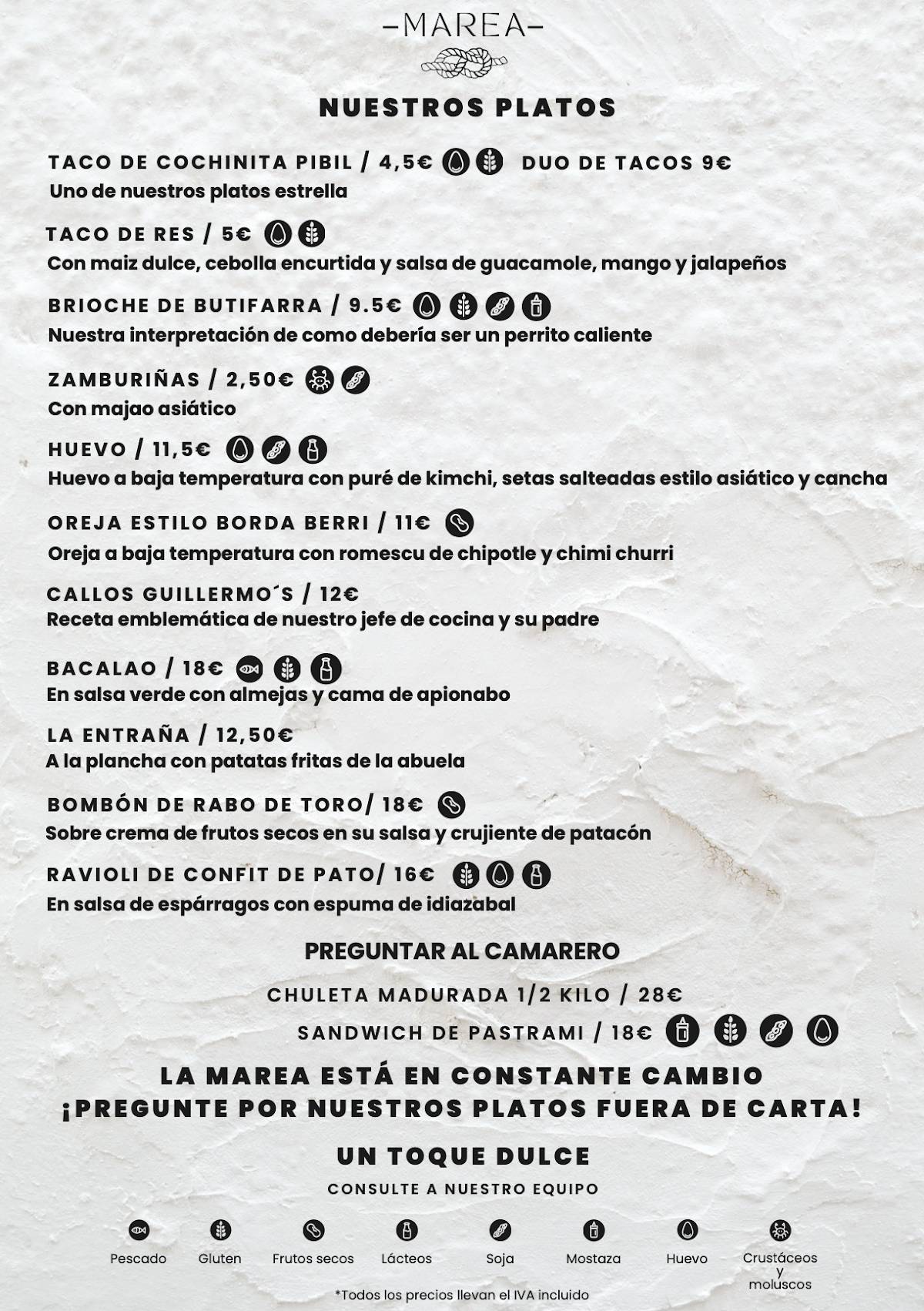 Carta del pub y bar Marea, Madrid