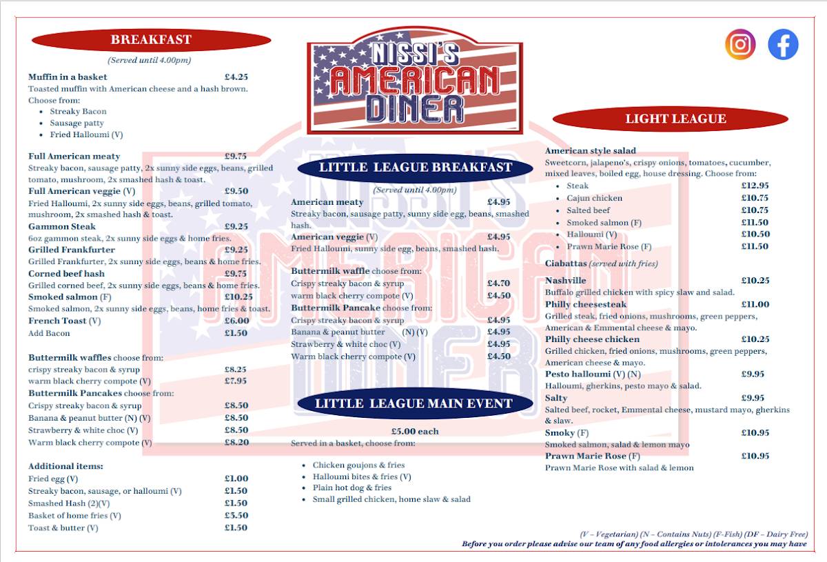 Menu at Nissi's American Diner restaurant, Nottingham
