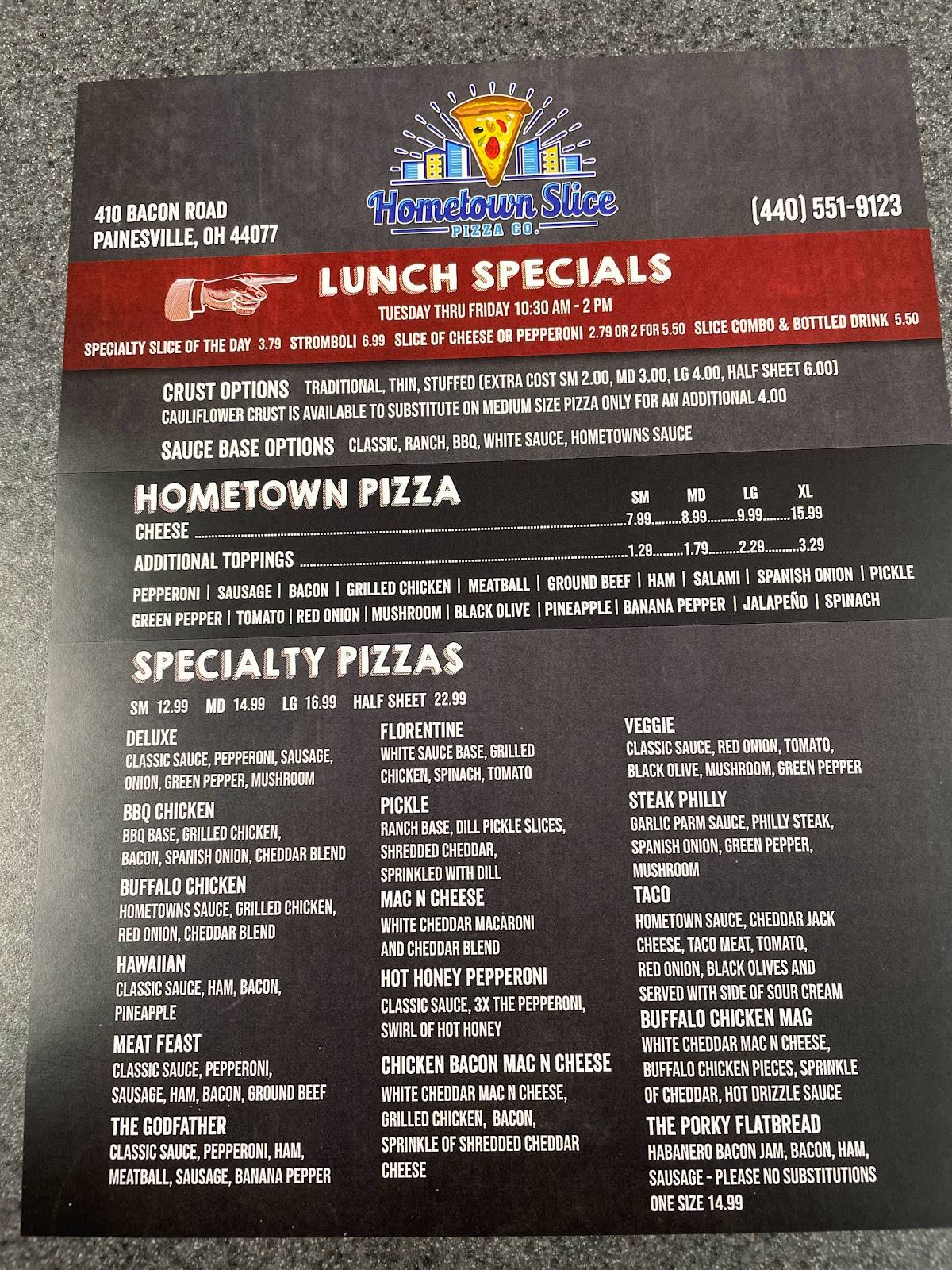 Menu at Hometown Slice Pizza Co. restaurant, Painesville