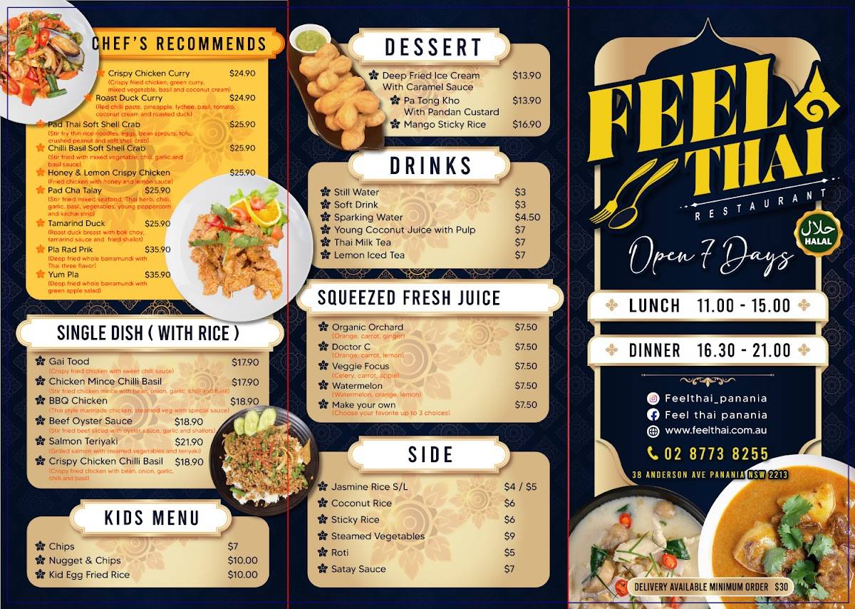 Menu at Feel Thai Restaurant, Panania