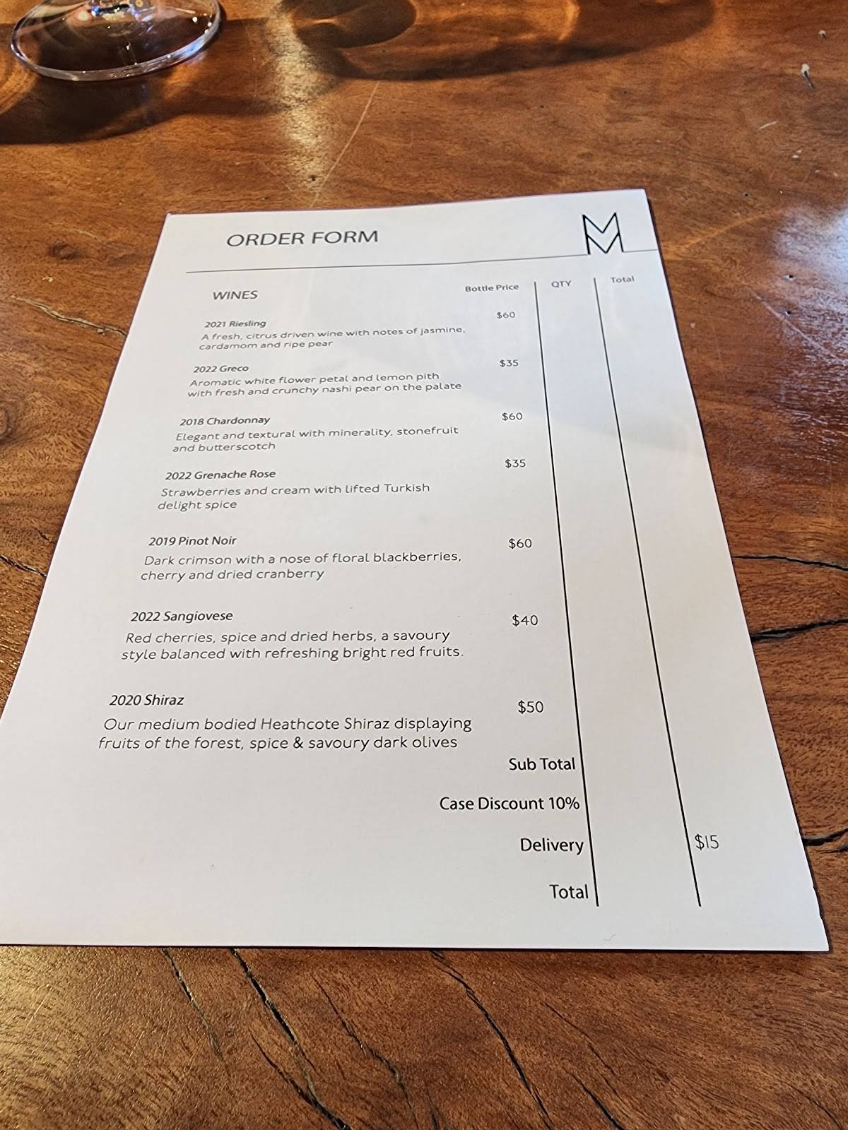 Menu at Mount Monument Winery restaurant, Romsey