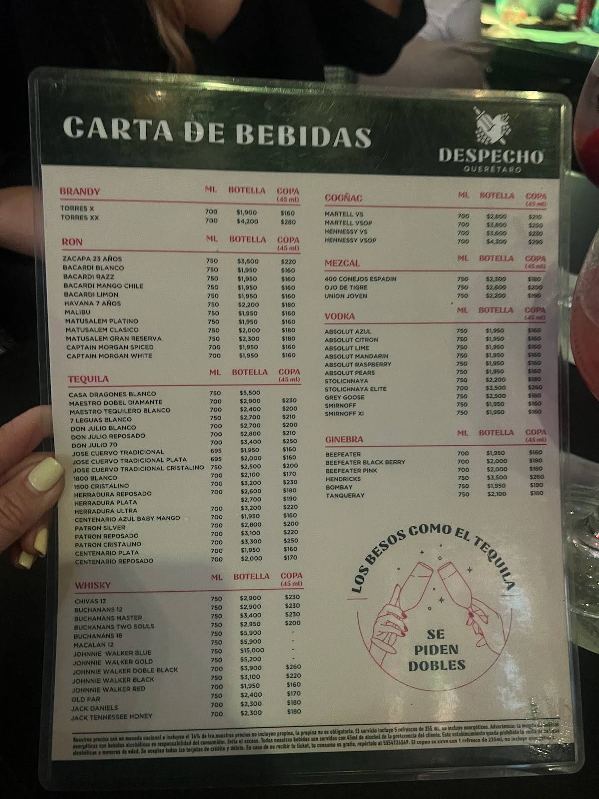 Carta del restaurante Despecho Querétaro, Santiago del Querétaro