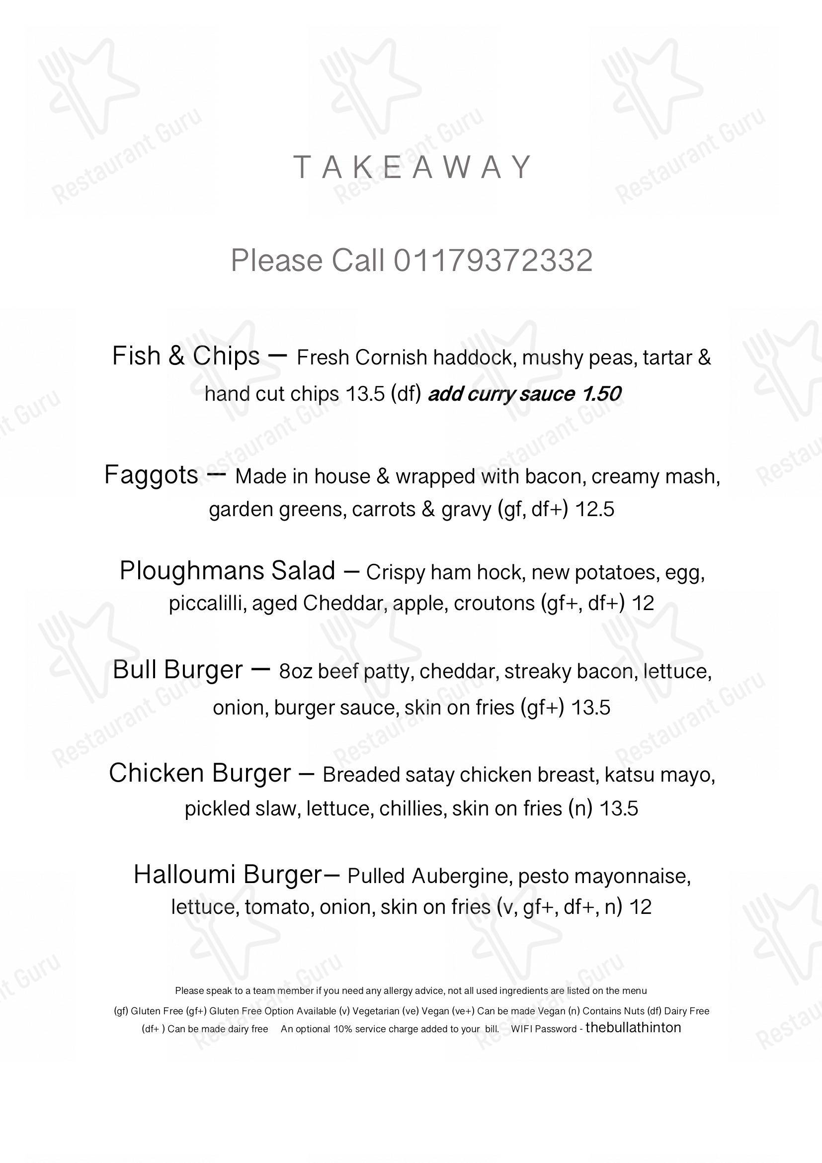 Menu at The Bull at Hinton pub & bar, Dyrham and Hinton, Pucklechurch Road