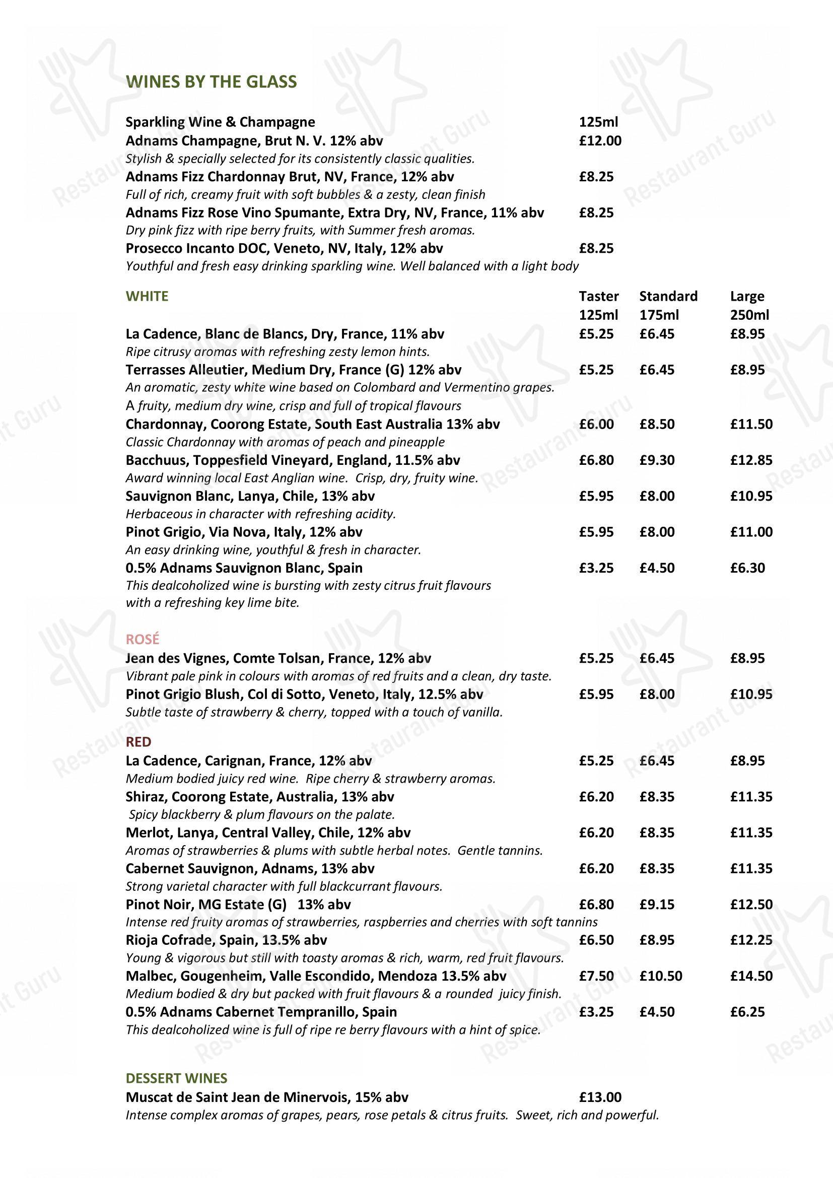 Menu at The Wentworth Hotel restaurant, Aldeburgh