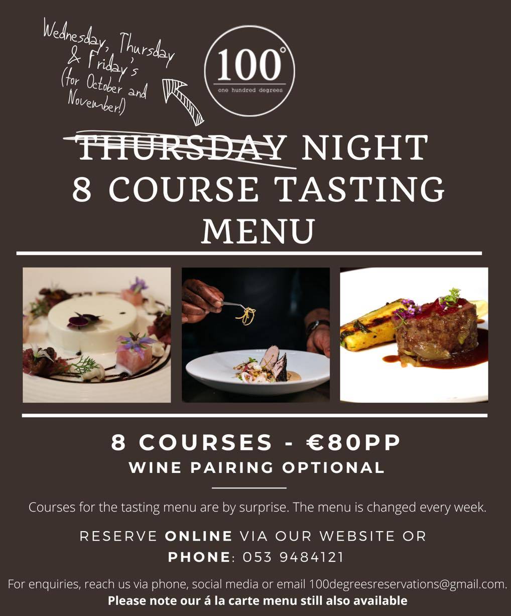 Menu at 100° One Hundred Degrees restaurant, Gorey