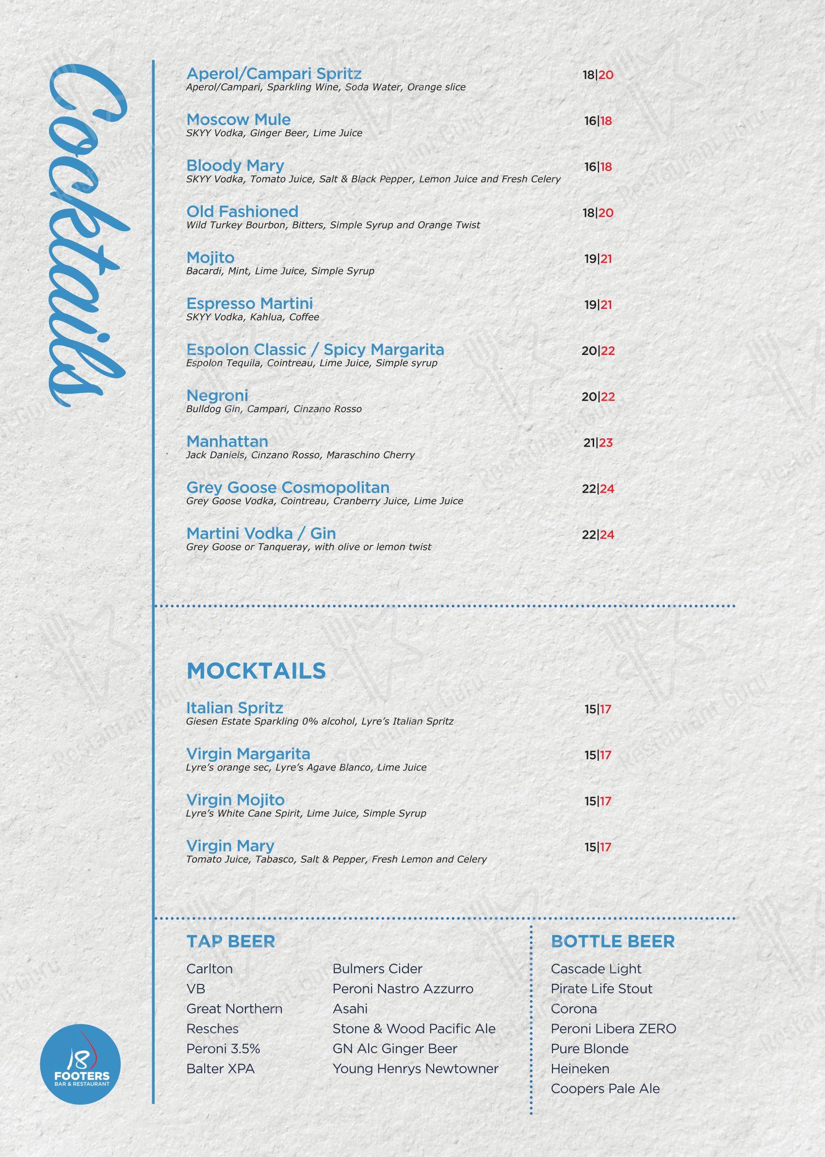 Menu at 18 Footers Bar, Restaurant & Cafe, Double Bay
