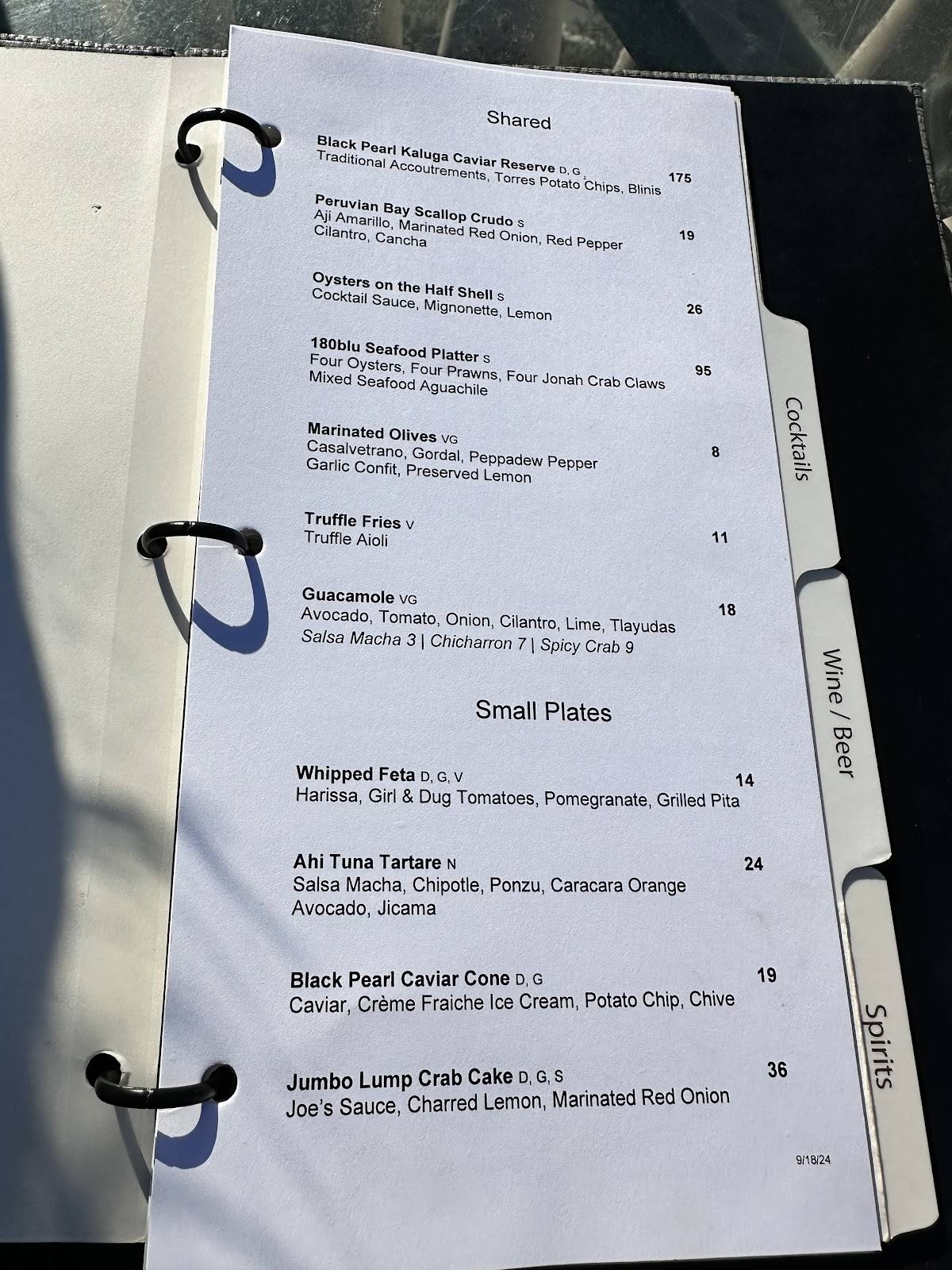 Menu at 180blu restaurant, Dana Point, 1 Ritz Carlton Dr
