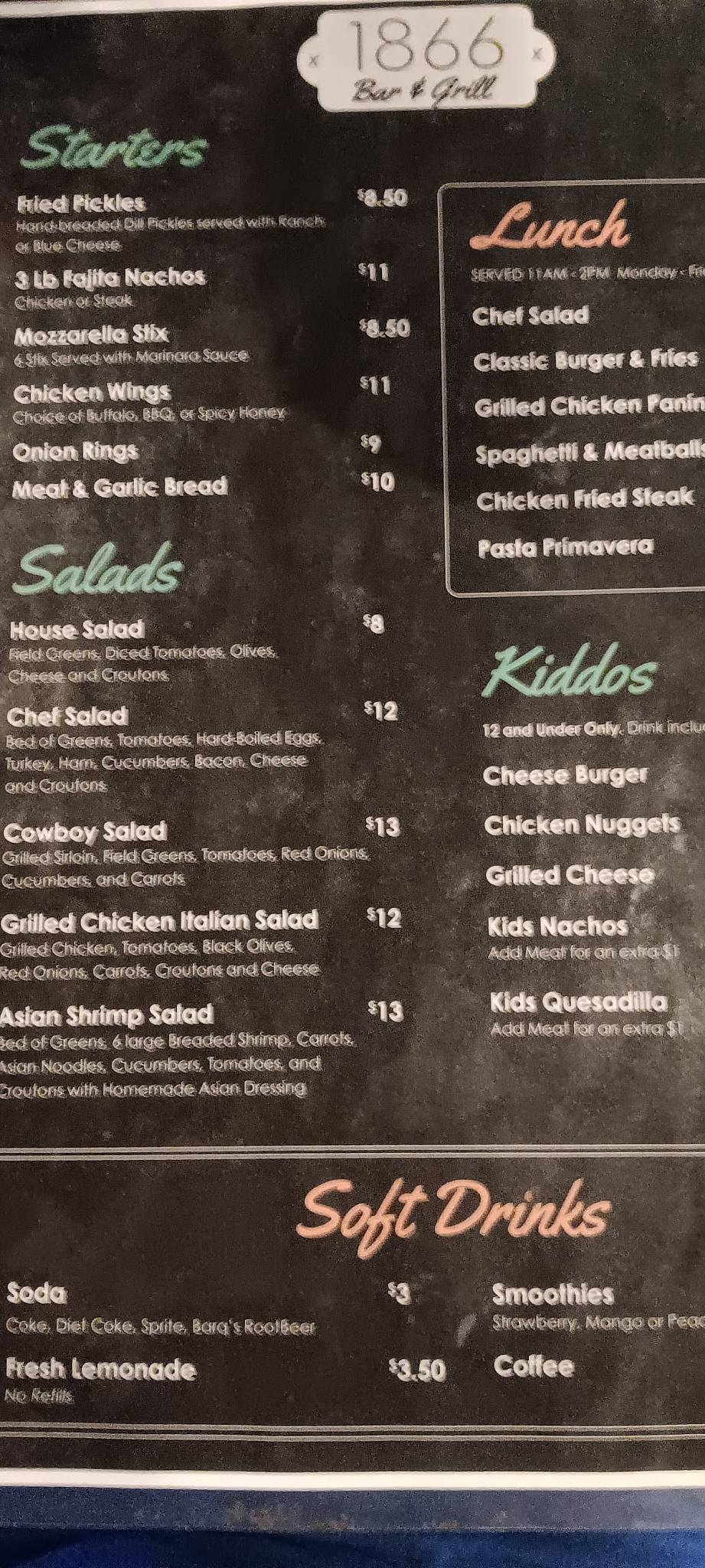 Menu at 1866 Bar & Grill, Tonganoxie
