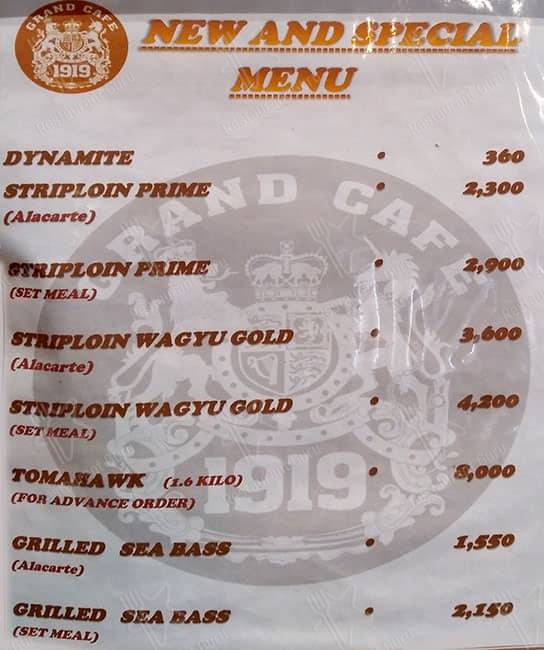 Menu at 1919 Grand Cafe, Manila