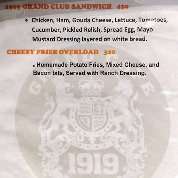 Menu at 1919 Grand Cafe, Manila