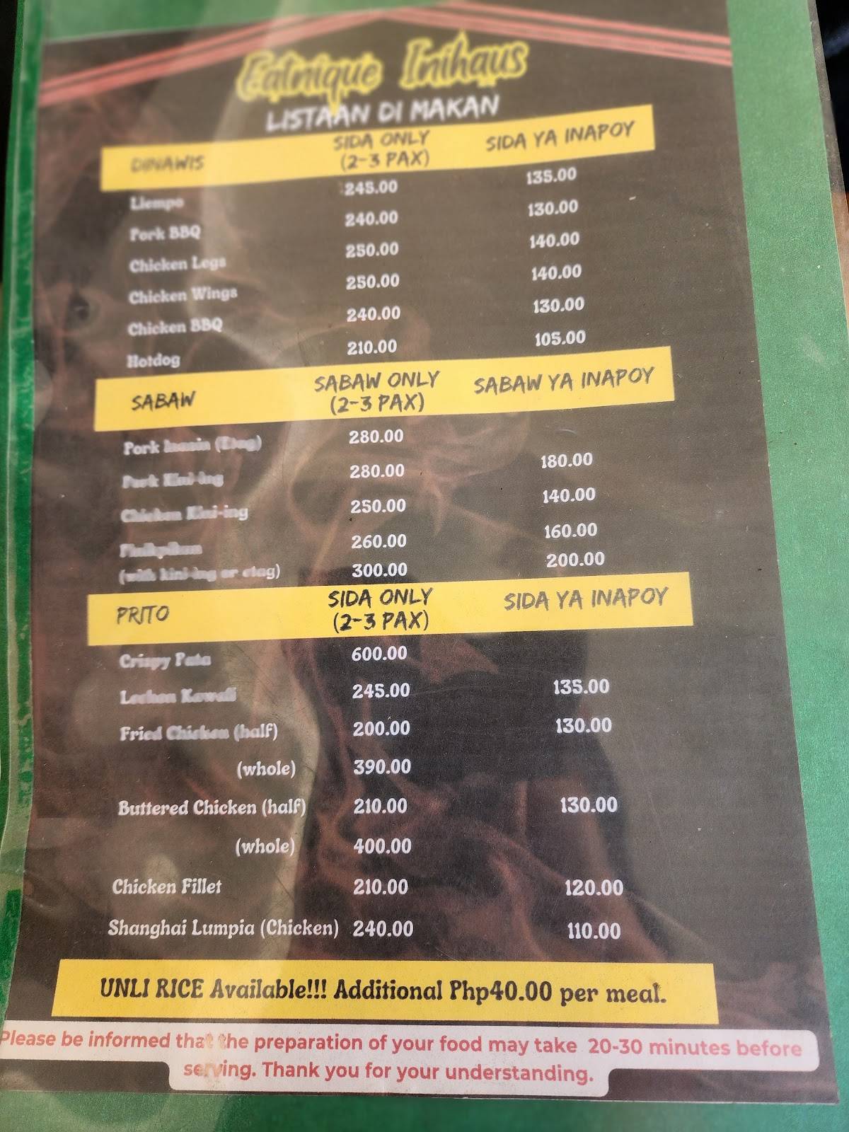 Menu at 1931 Cafe, La Trinidad