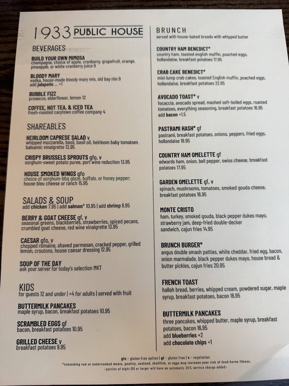 Menu at 1933 Public House, Powhatan