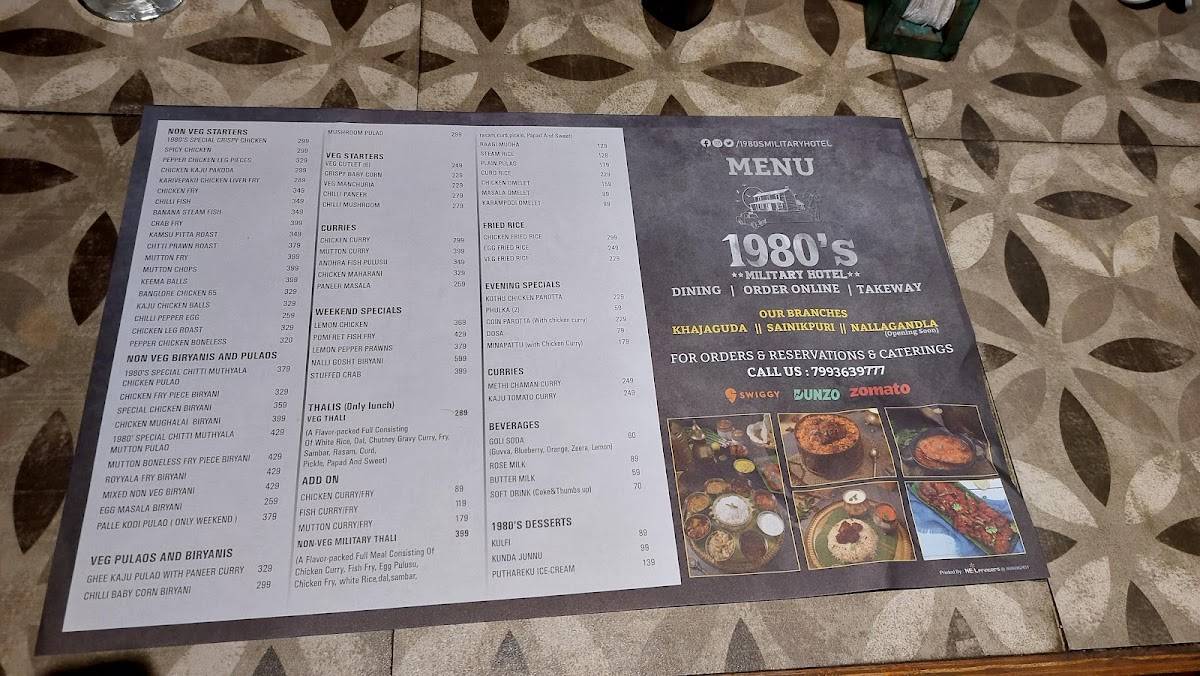 Menu at 1980's Military Hotel, Hyderabad, Khajaguda - Nanakramguda Rd