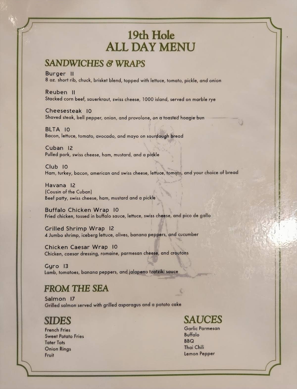 Menu at 19th Hole restaurant, Granbury