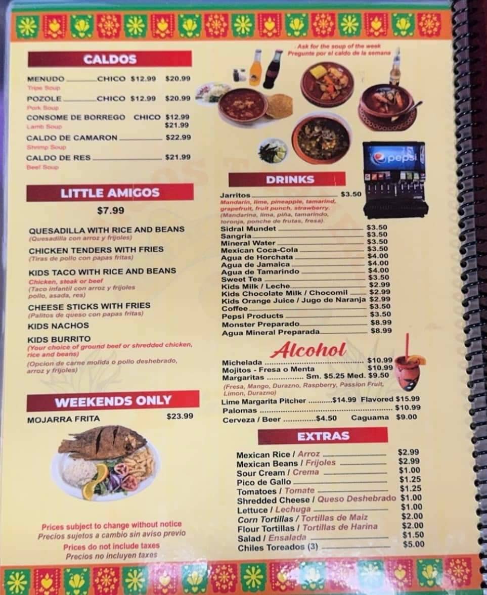 Menu at 2 Amigos Taqueria restaurant, Reedsburg
