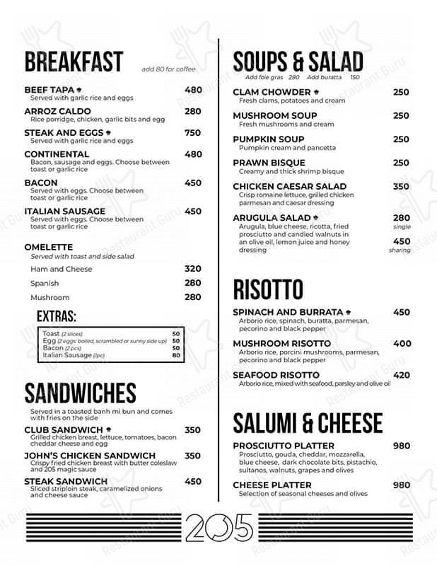 Menu at 205 BGC restaurant, Taguig